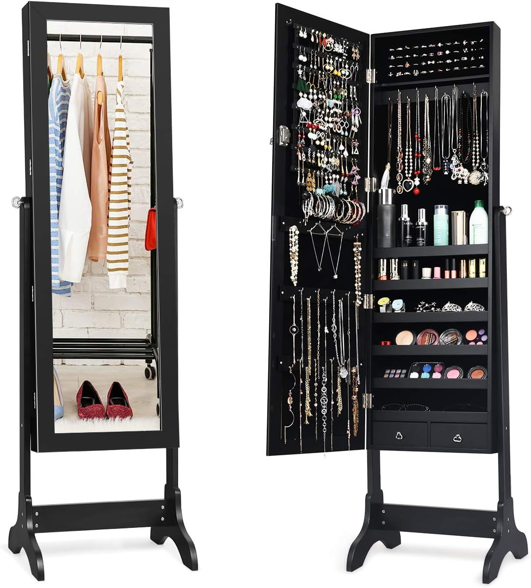 Lockable Standing Jewelry Armoire with Full Length Mirror, Large ...