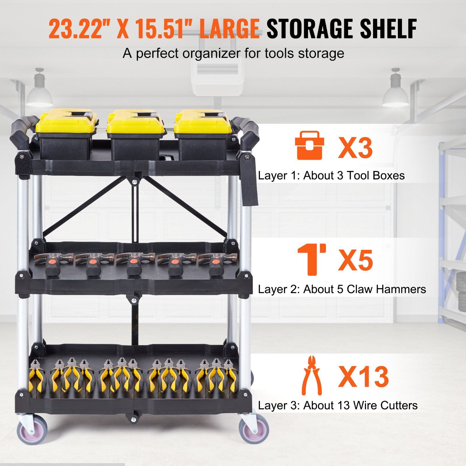 Lockable Wheel Utility Cart - 3-Tier Foldable Plastic Rolling Cart ...
