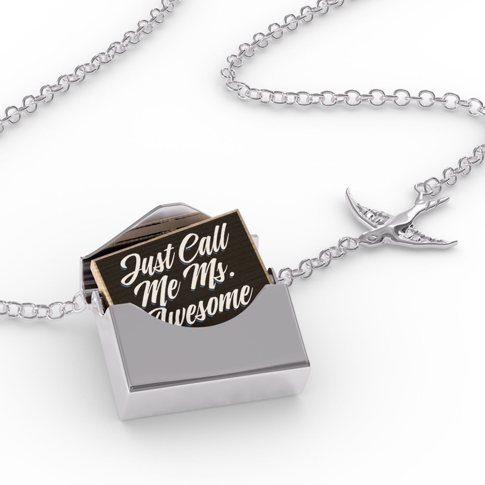 Locket Necklace Classic design Just Call Me Ms. Awesome in a silver Envelope Neonblond