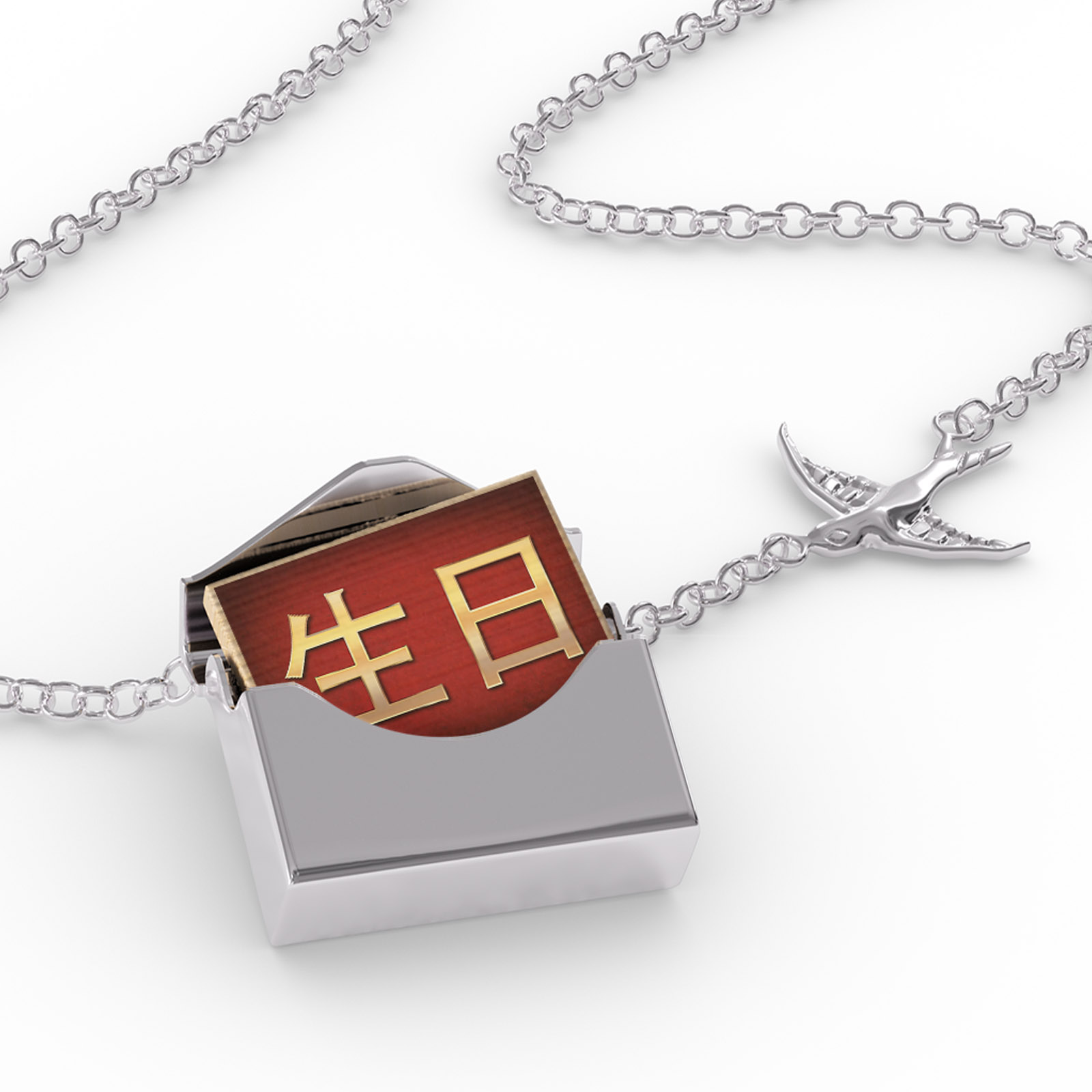 Locket Necklace Happy Birthday Chinese characters, letter in a silver ...