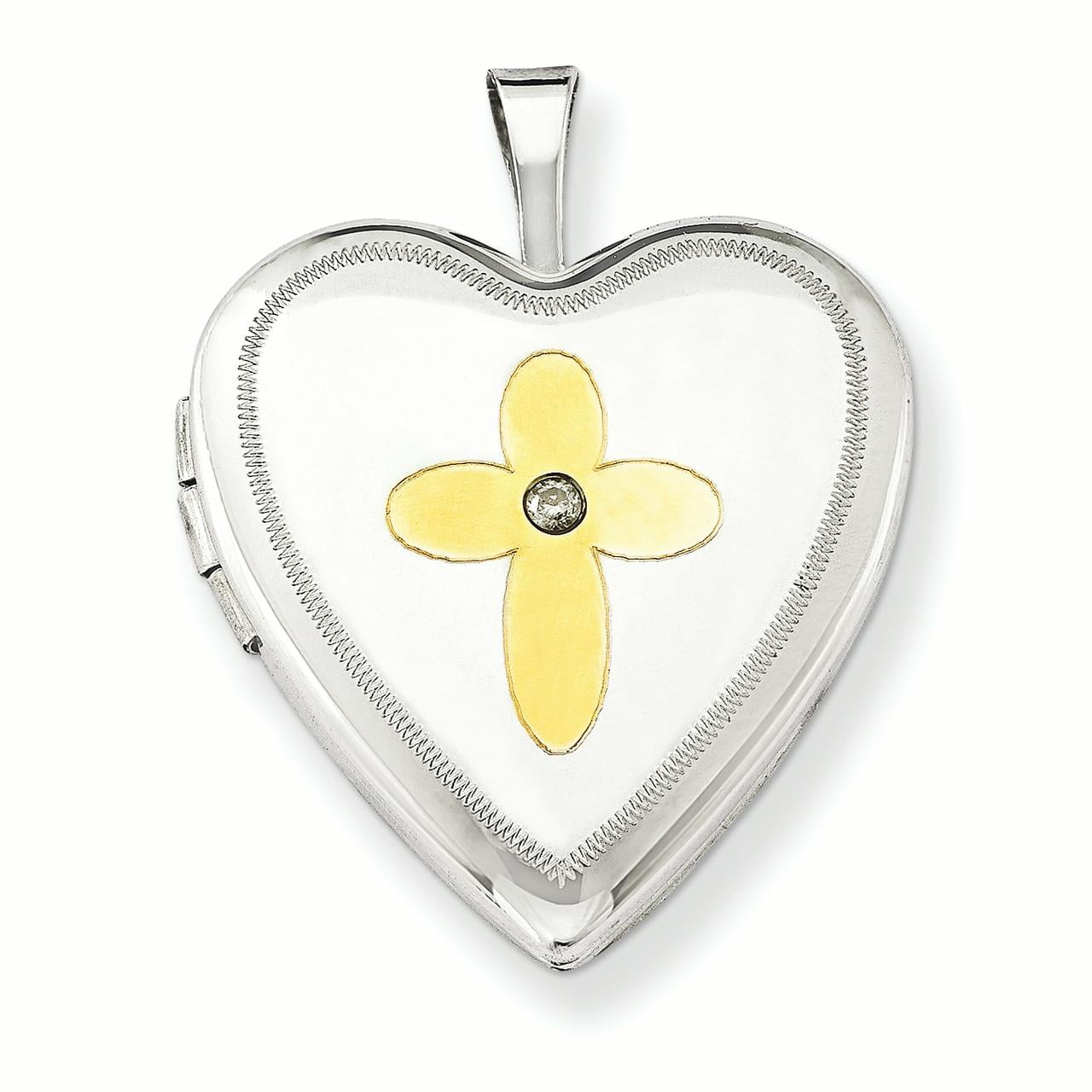 Lockets Sterling Silver Gold-plated Diamond Cross 20mm Heart Locket ...