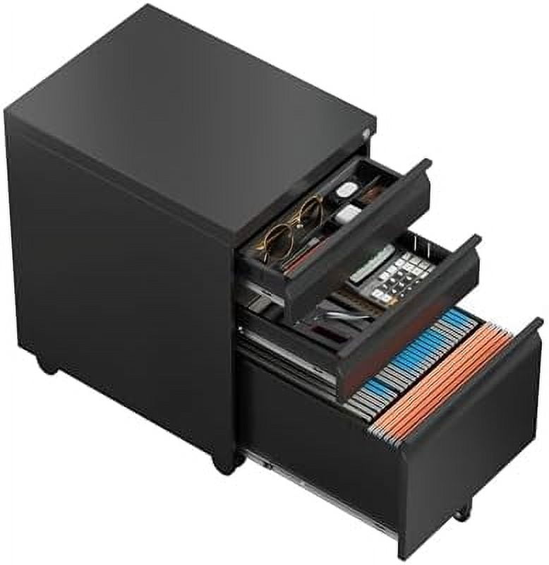 Locking File Cabinet 3 Drawers on Wheels Under Desk, Metal Filing ...
