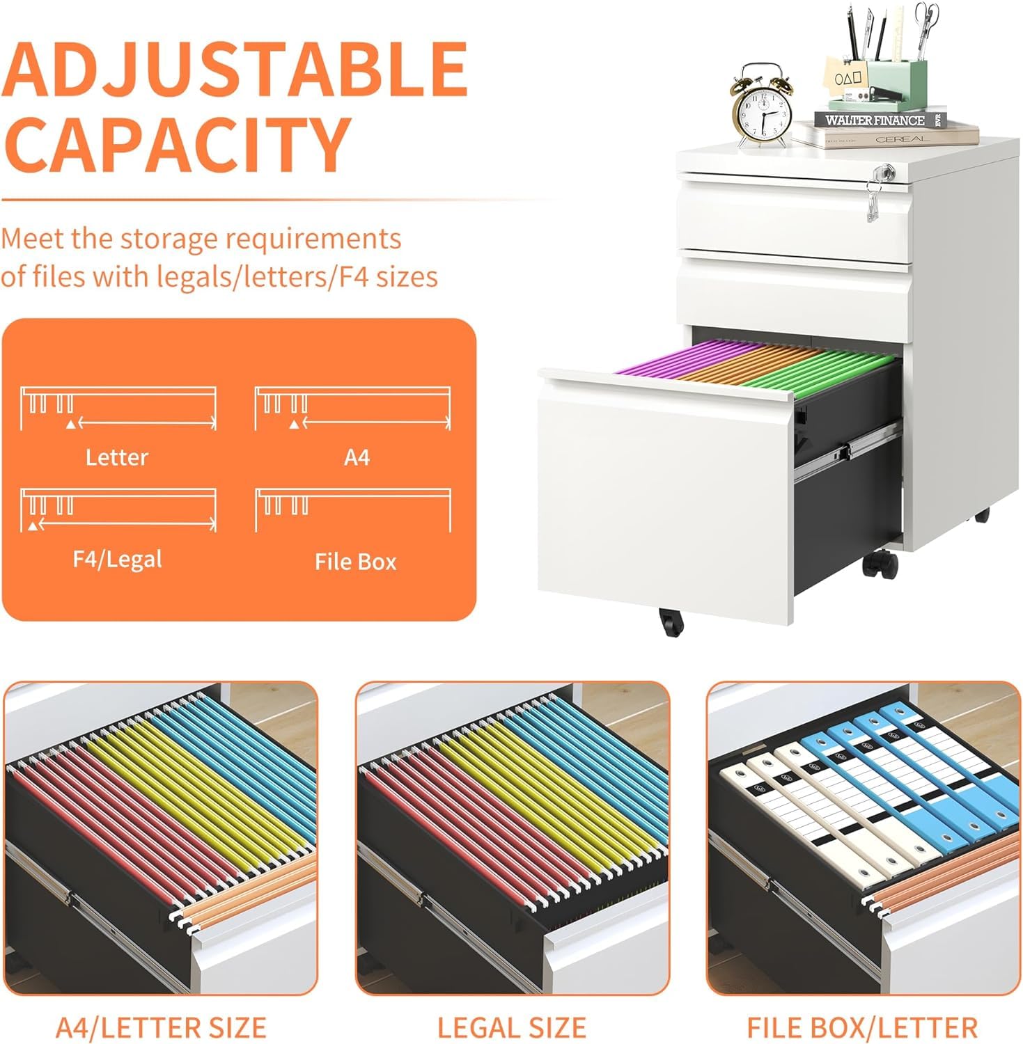 Locking File Cabinet for Office, 3 Drawer Metal Storage Cabinet Under ...
