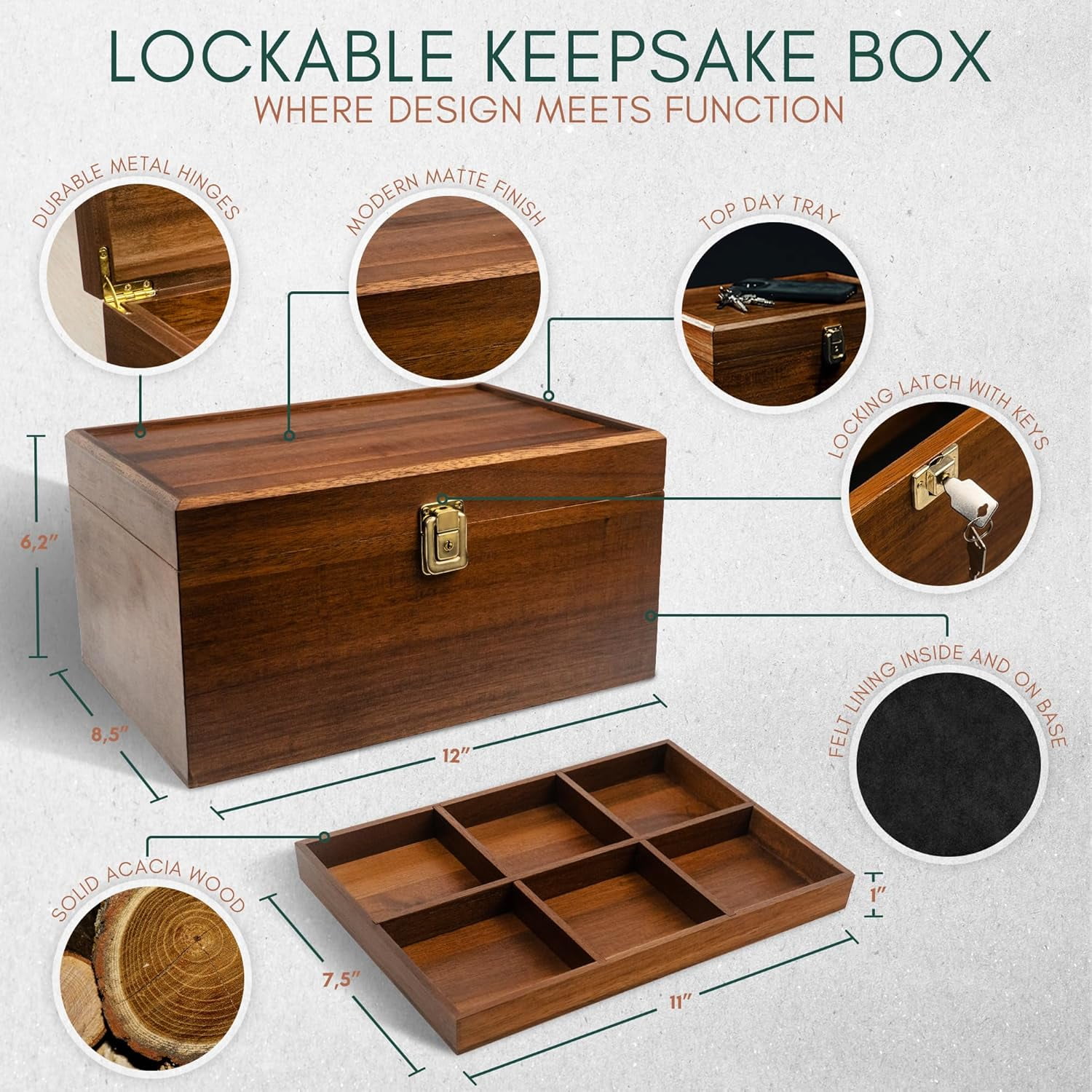 Locking Wooden Keepsake Box, Customizable Design With Adjustable Tray ...