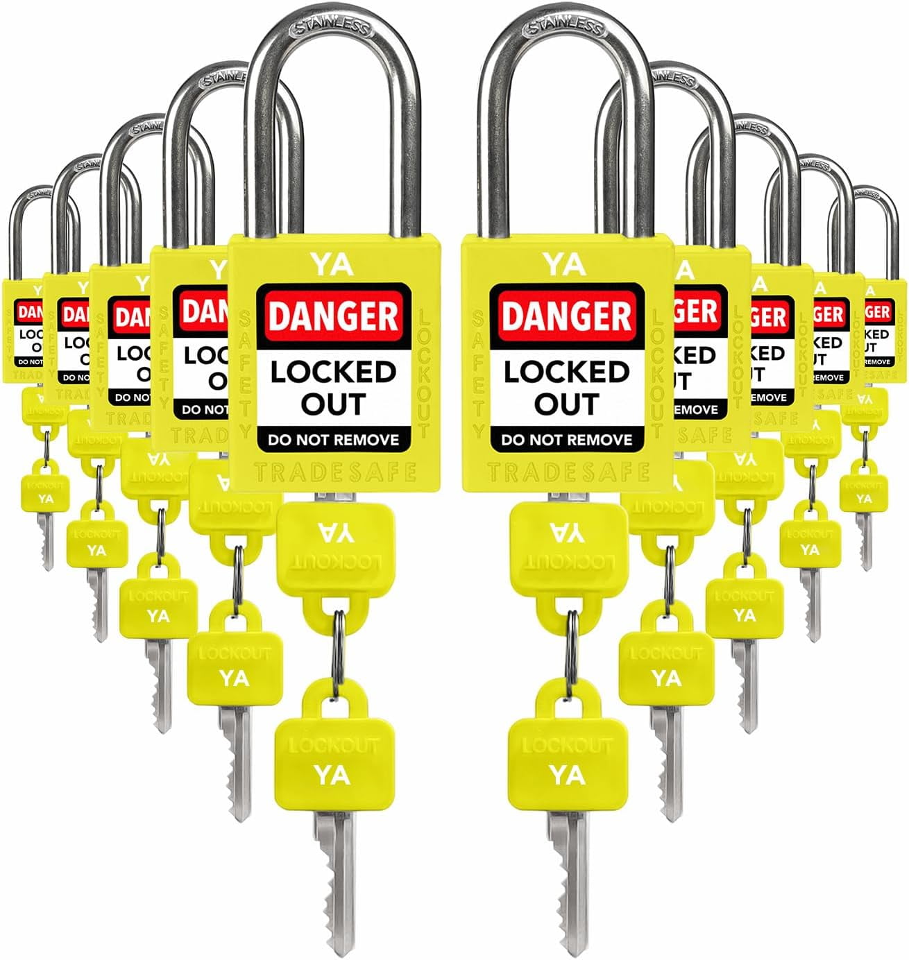 Lockout Tagout Lock Sets, 10 Yellow Keyed Alike Unlimited Grouping Safety Padlocks, 2 Keys Per ...
