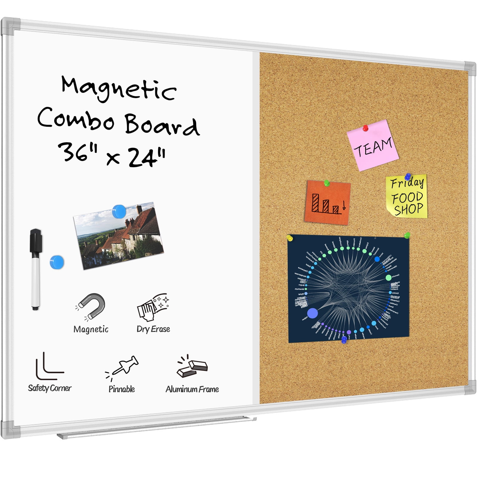 (2 pack) Lockways Combination Board 36" x 24" White Board and Cork ...