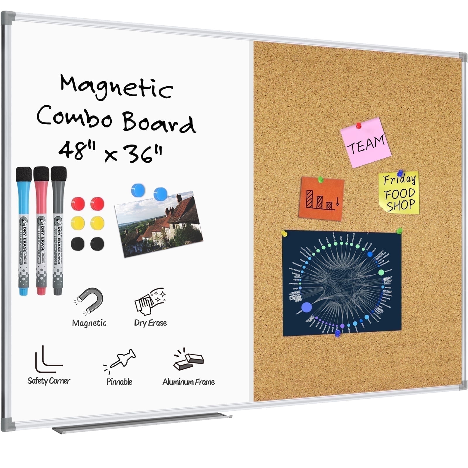 Lockways Large White Board and Bulletin Combo Magnet, Dry Erase Half ...