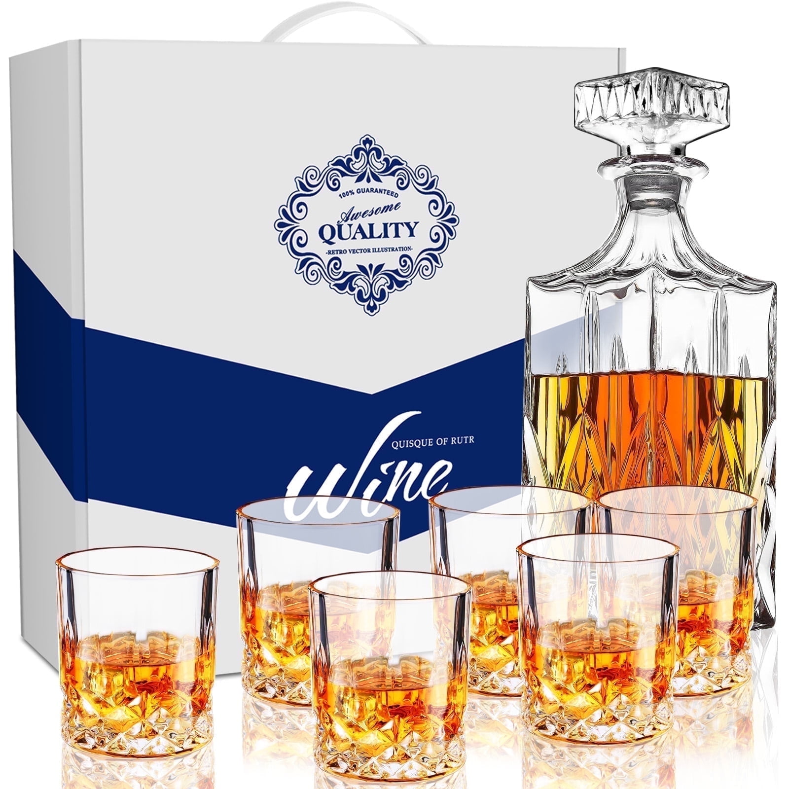 Lockways Whiskey Decanter Set with 6 Glasses Fathers Gifts, Cut Crystal ...