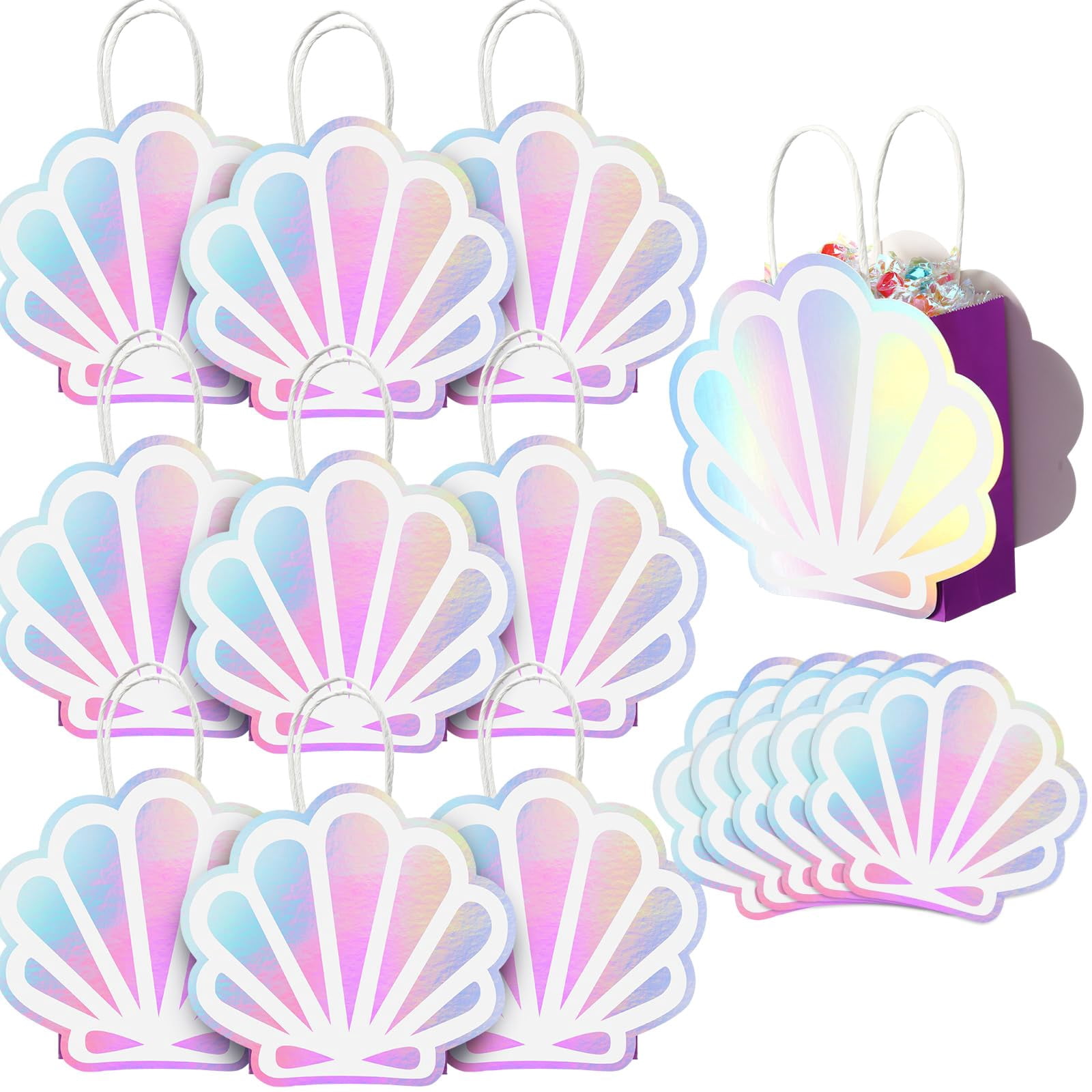 Locmeo 12 Pack Holographic AIF9 Sea Shell Gift Bags DIY Mermaid Party ...