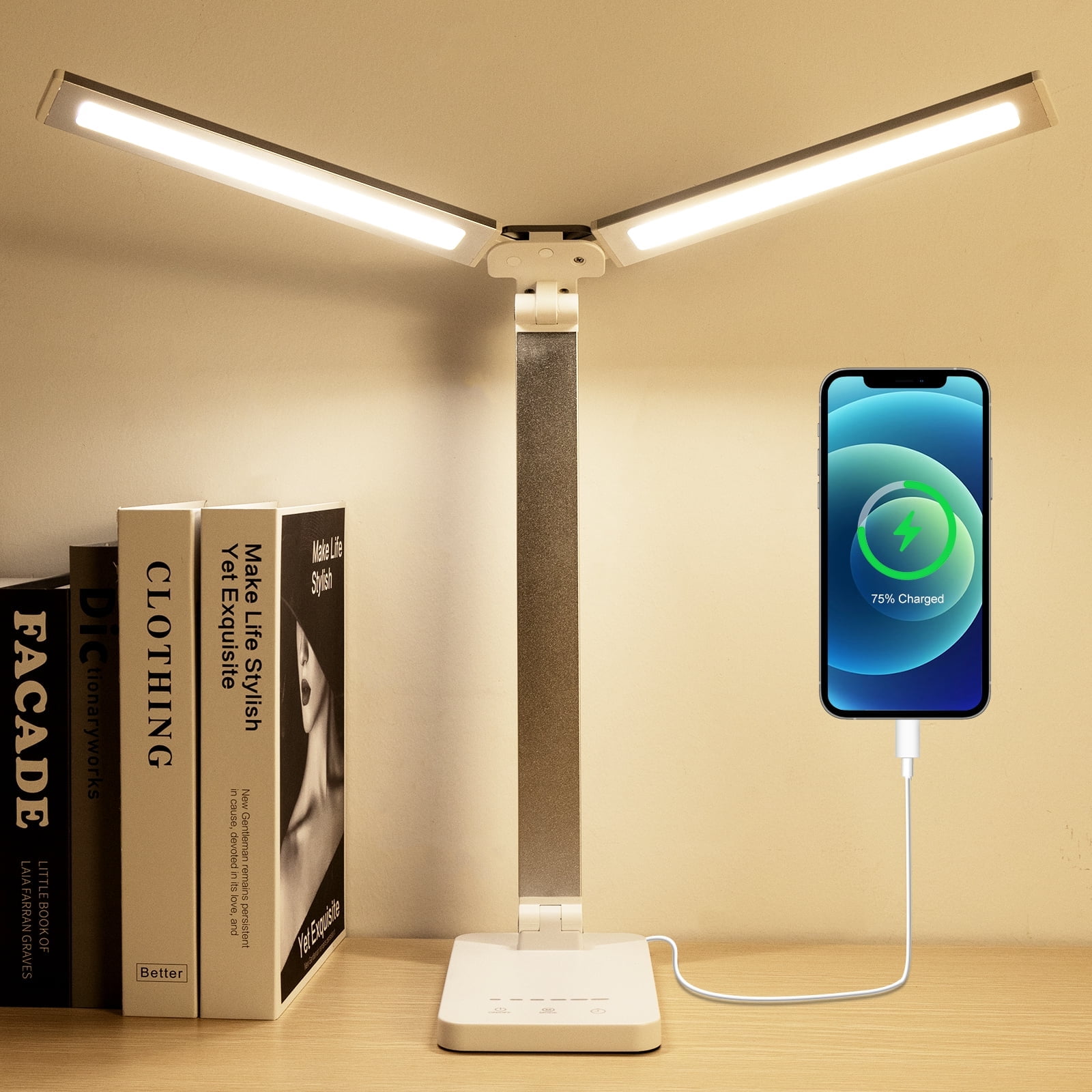 Lococo LED Desk Lamp, Dual Head Desk Light, 5 Levels Dimmable & 3 Color Modes Eye-Caring Table ...