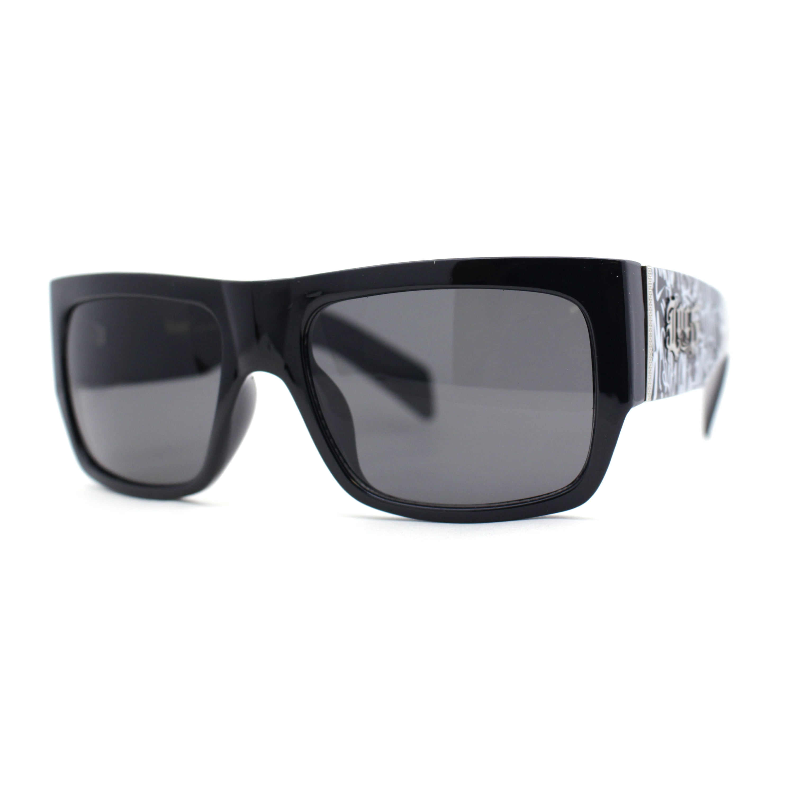Locs Hardcore Large Tagging Graffiti Thick Arm Horn Rim Mad Dog Sunglasses Shiny Black - Walmart.com