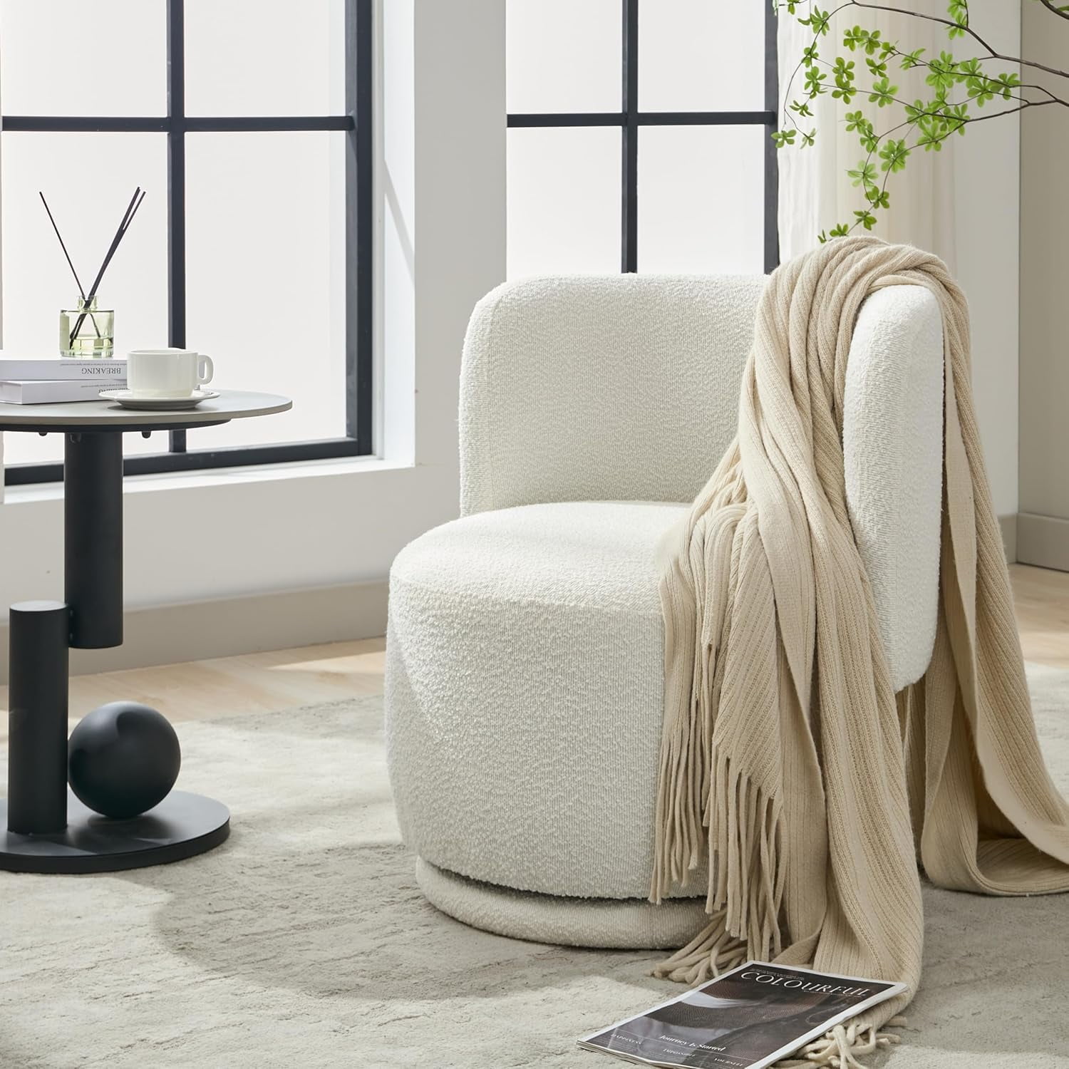 Locus Bono Cream/White Swivel Accent Chair, Boucle Living Room Chair ...