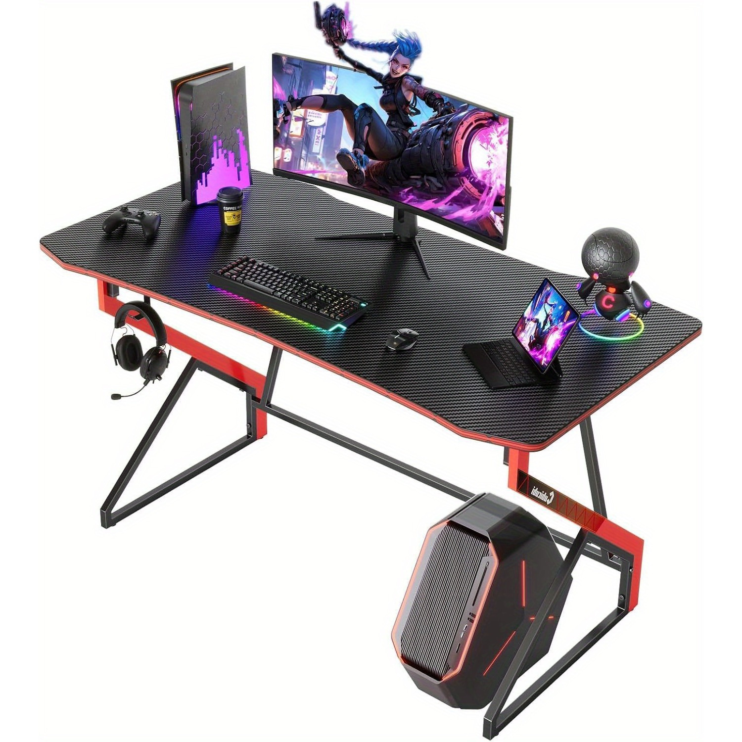 Lodemi 40" Z-Shaped Gaming Desk - Black & Red Carbon Fiber Surface ...