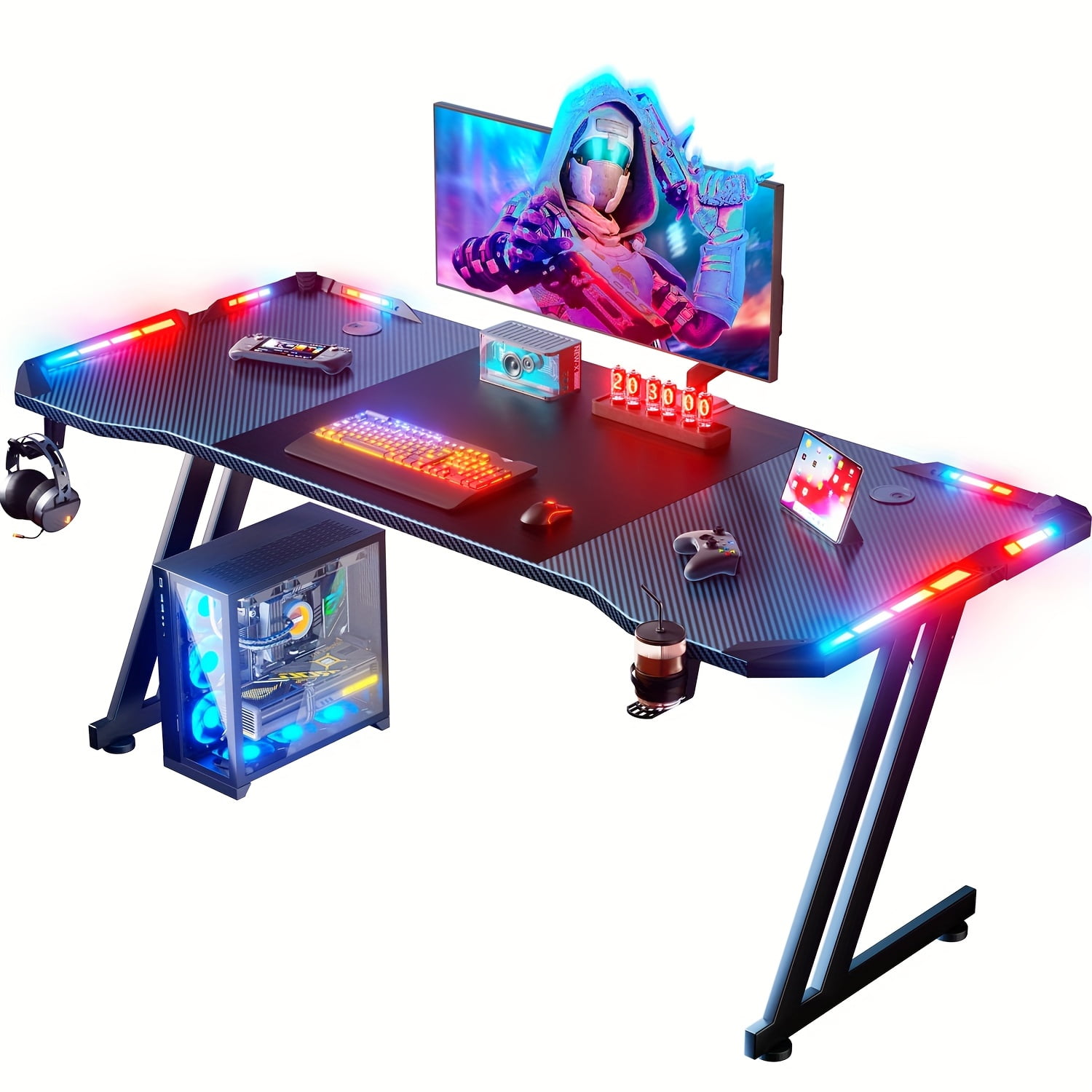 Lodemi Gaming Desk With LED Lights Carbon Fibre Surface Gaming Table ...
