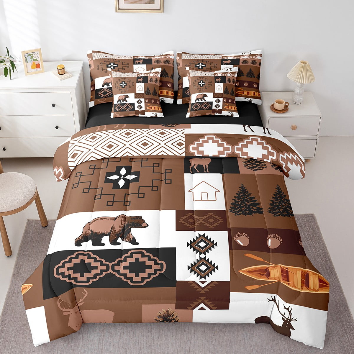 Lodge 7 Pcs Comforter Set,Bear Deer Moose Animal Jungle Hunting Bedding ...