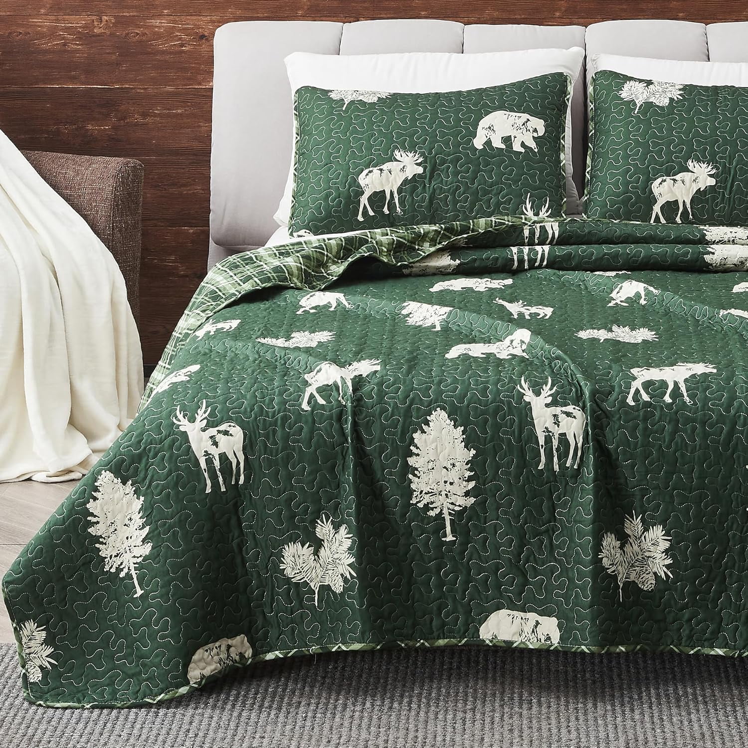 Lodge Bedspread Full/Queen Size Quilt with 2 Shams. Cabin 3-Piece ...