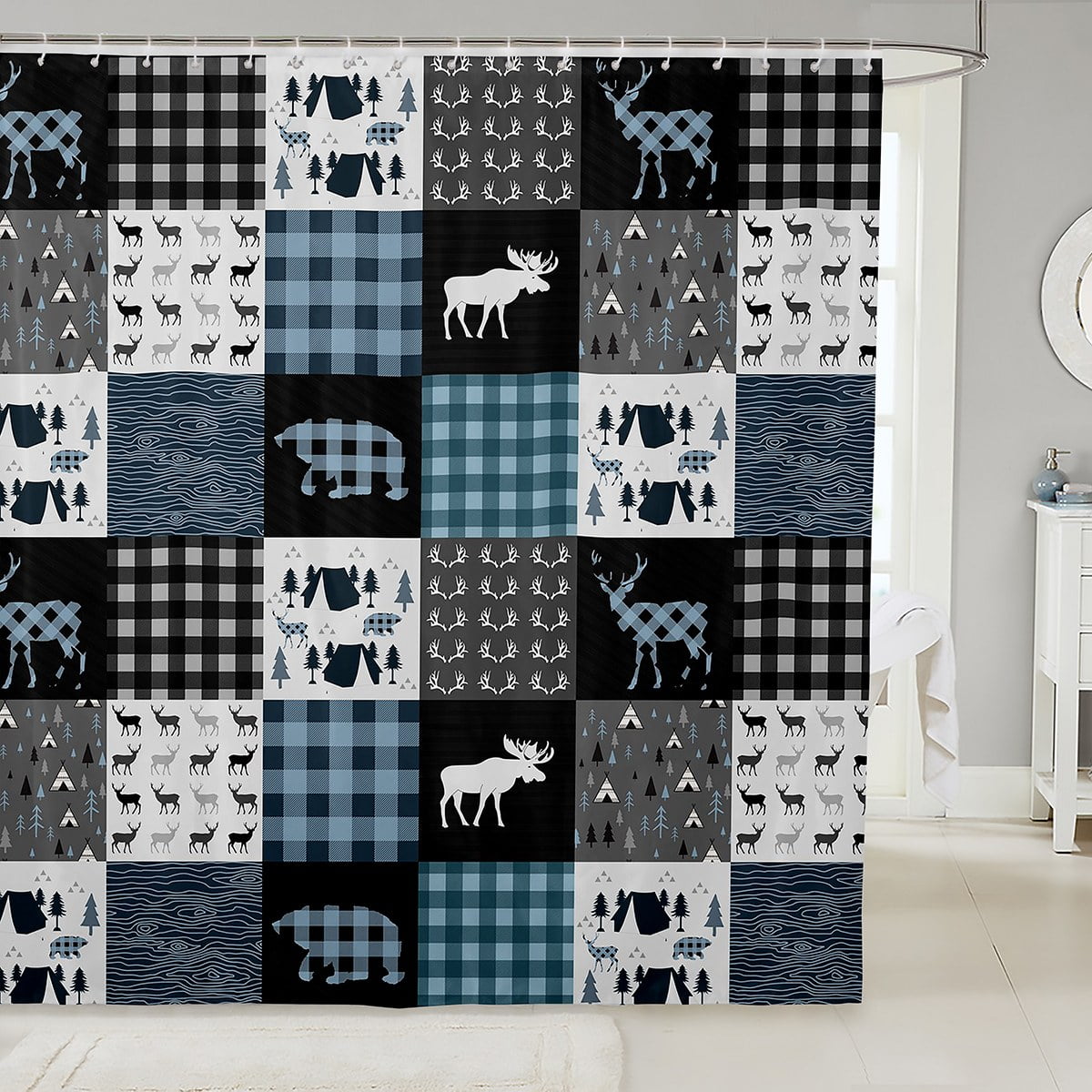 Lodge Cabin Bath Curtain Bear Elk Deer Camping Teal Blue Checkered ...