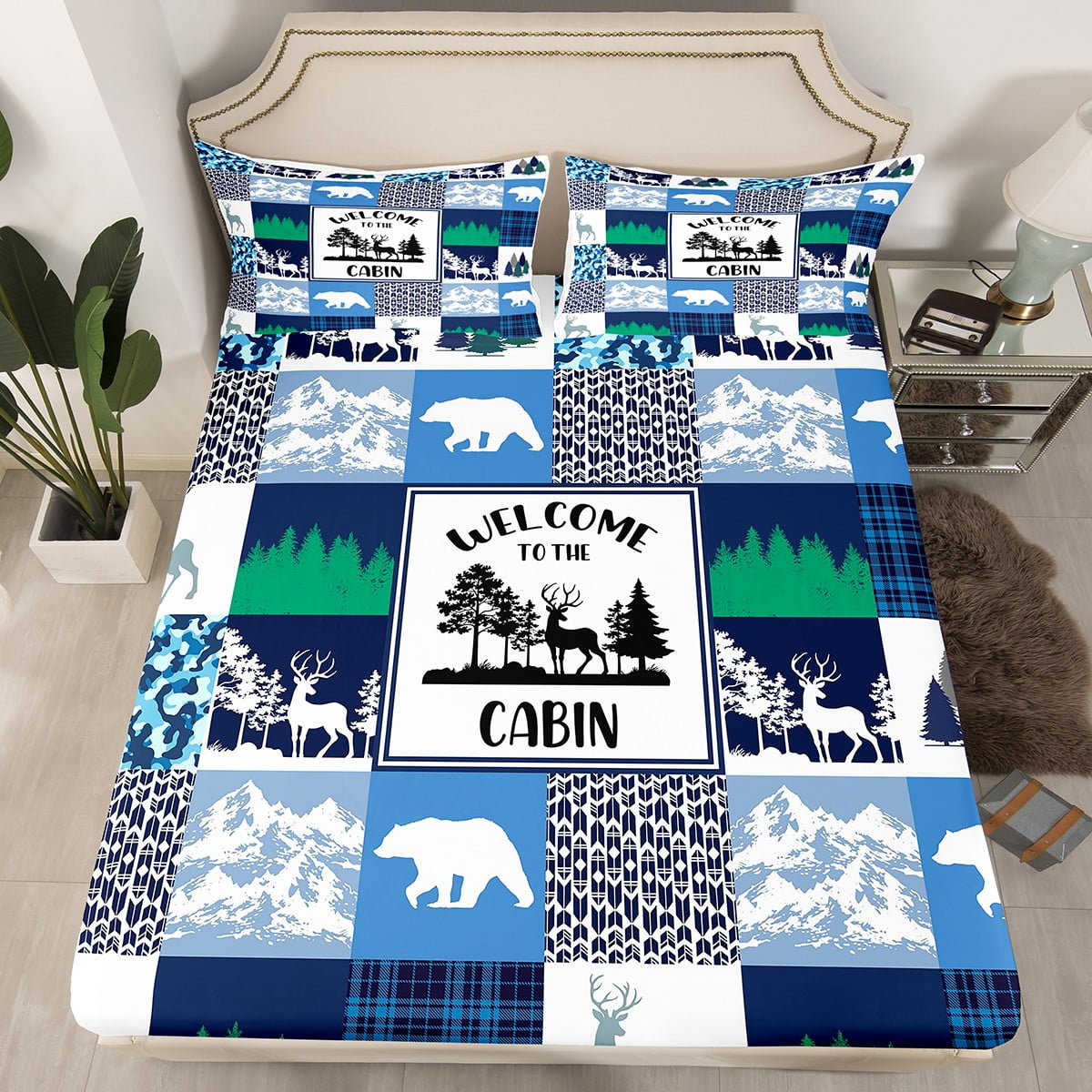 Lodge Cabin Bed Sheets Wildlife Bear Elk Deer Hunting Sheets,Blue ...