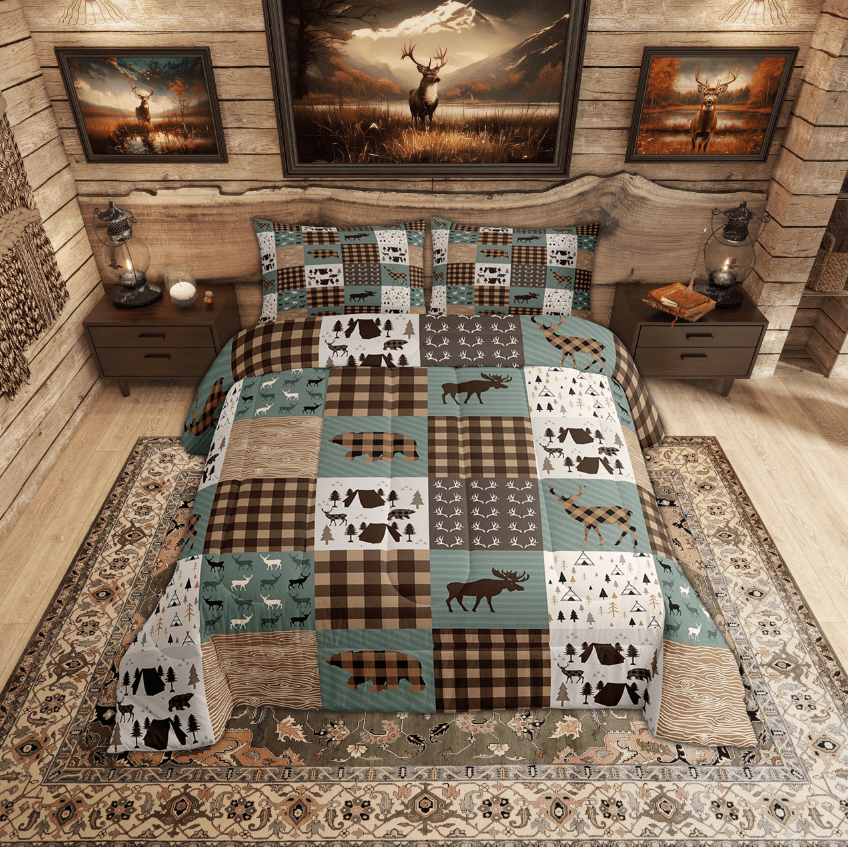 Lodge Cabin Bedding Set Bear Elk Deer Camping Quilt Brown Checkered ...