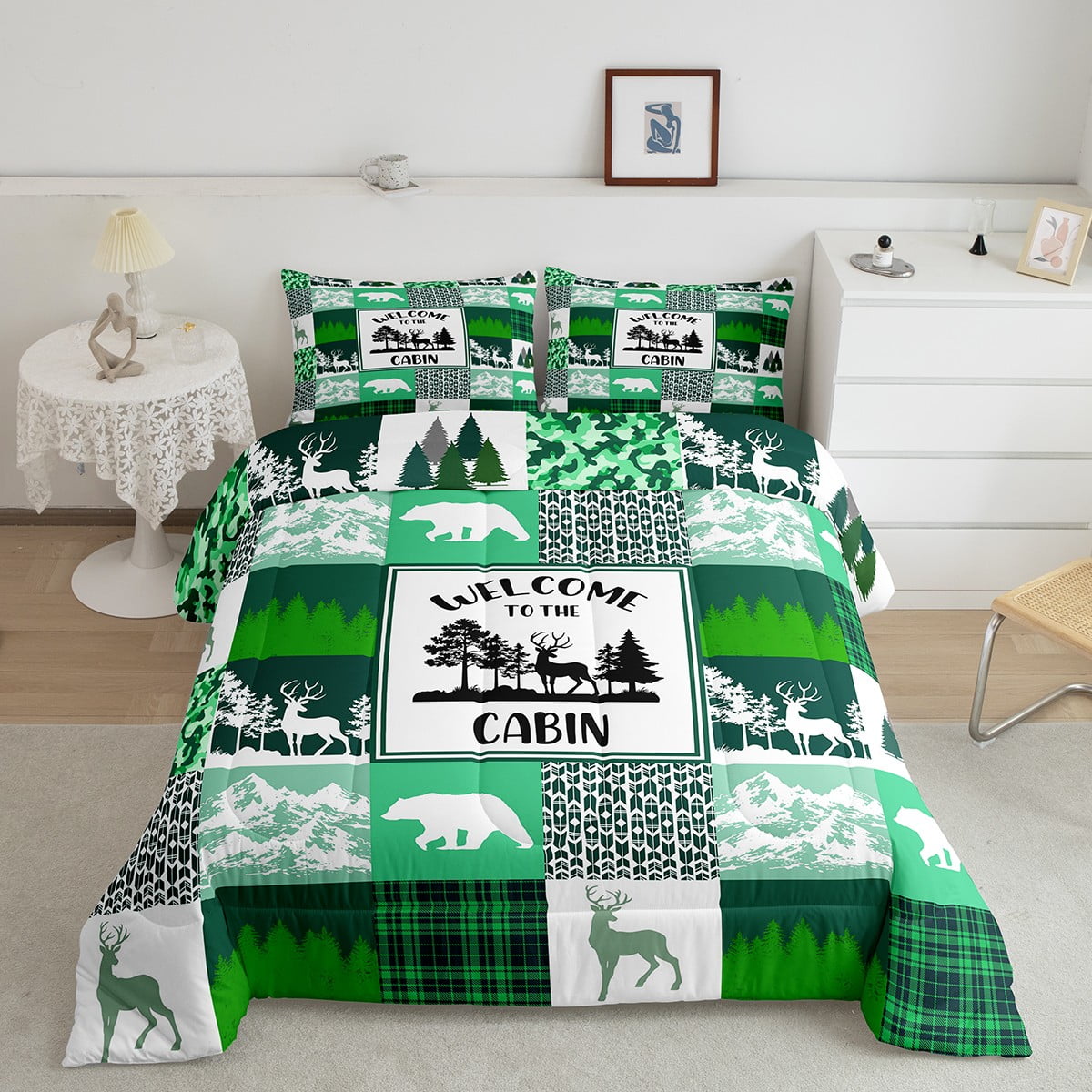 Lodge Cabin Bedding Set Wildlife Bear Elk Deer Hunting Quilt,Green ...