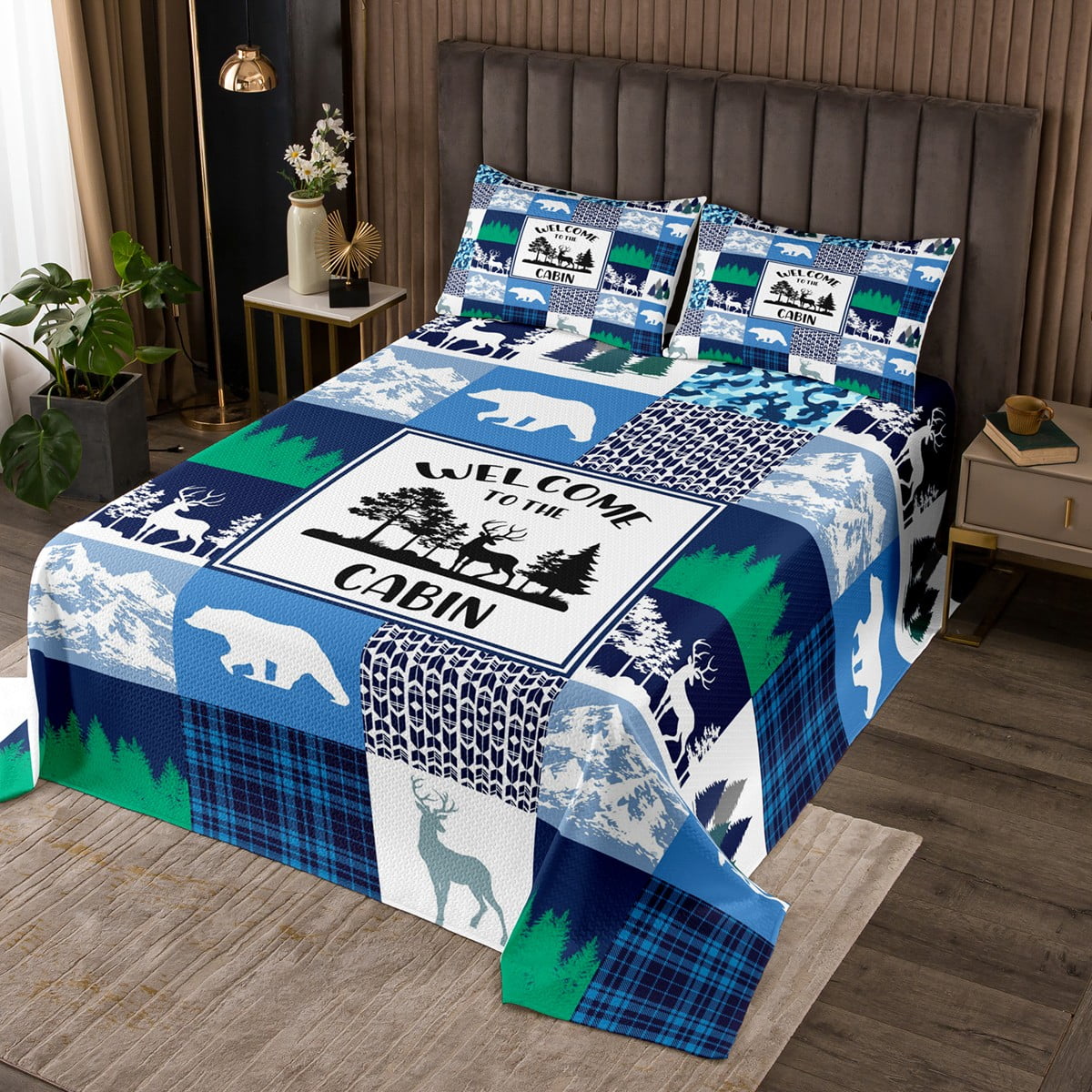 Lodge Cabin Bedspread Set Bear Elk Deer Hunting Coverlet Set,Blue ...