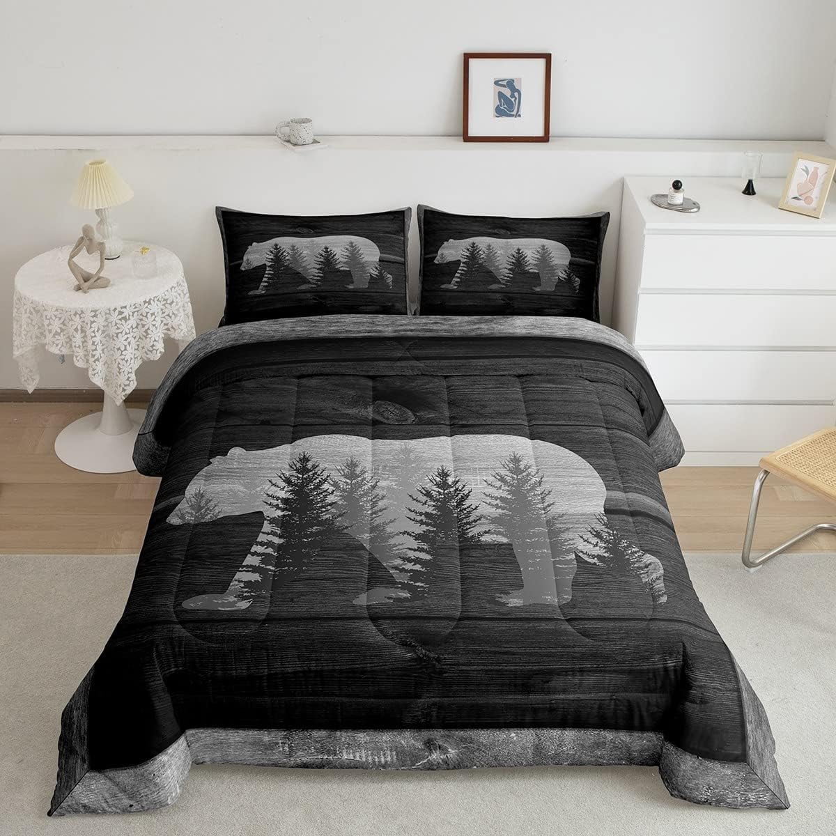 Lodge Cabin Comforter Set, Gray Bear Pine Tree Silhouette Pattern ...