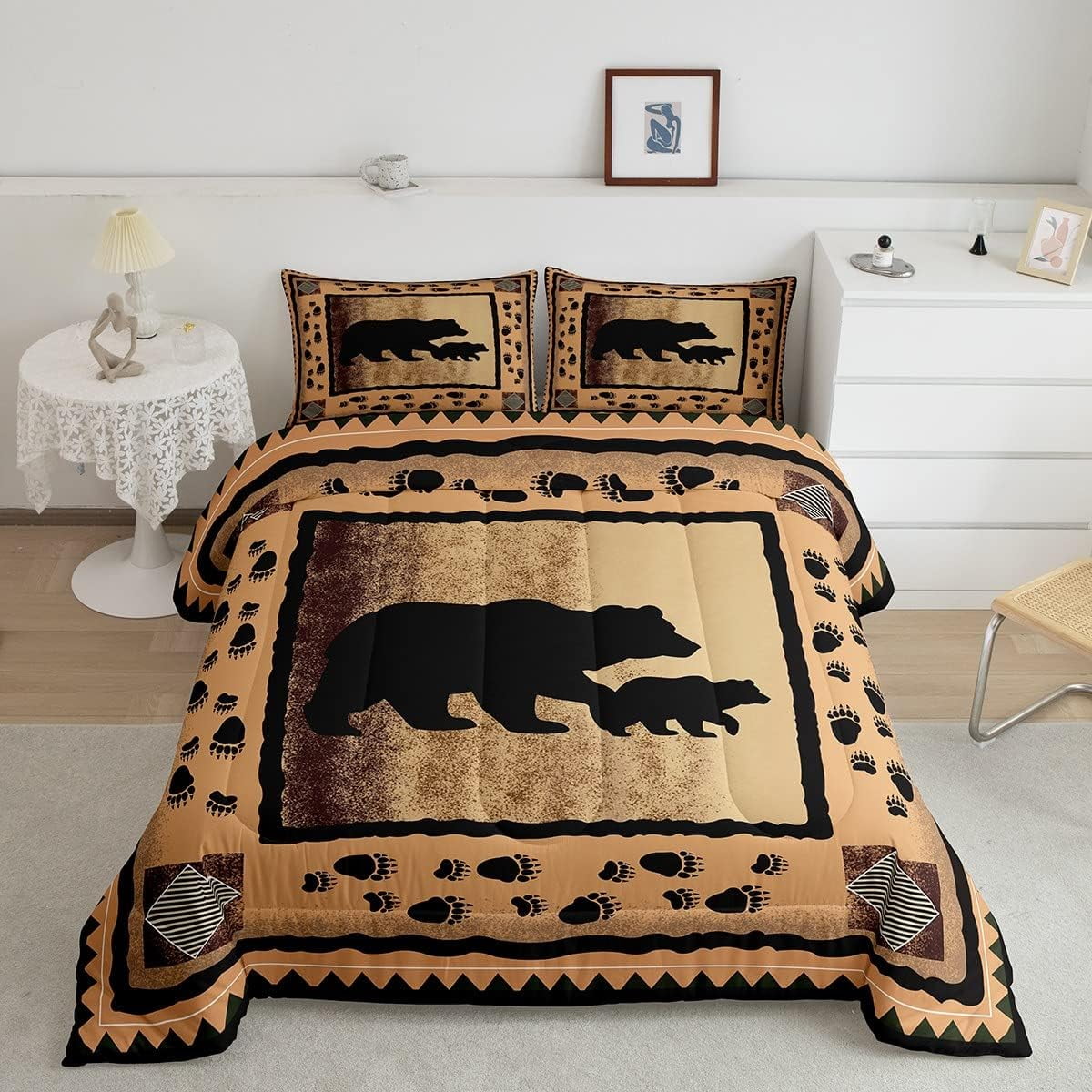 Lodge Cabin Comforter Set with Wild Bear and Animal Paw Print Decor ...