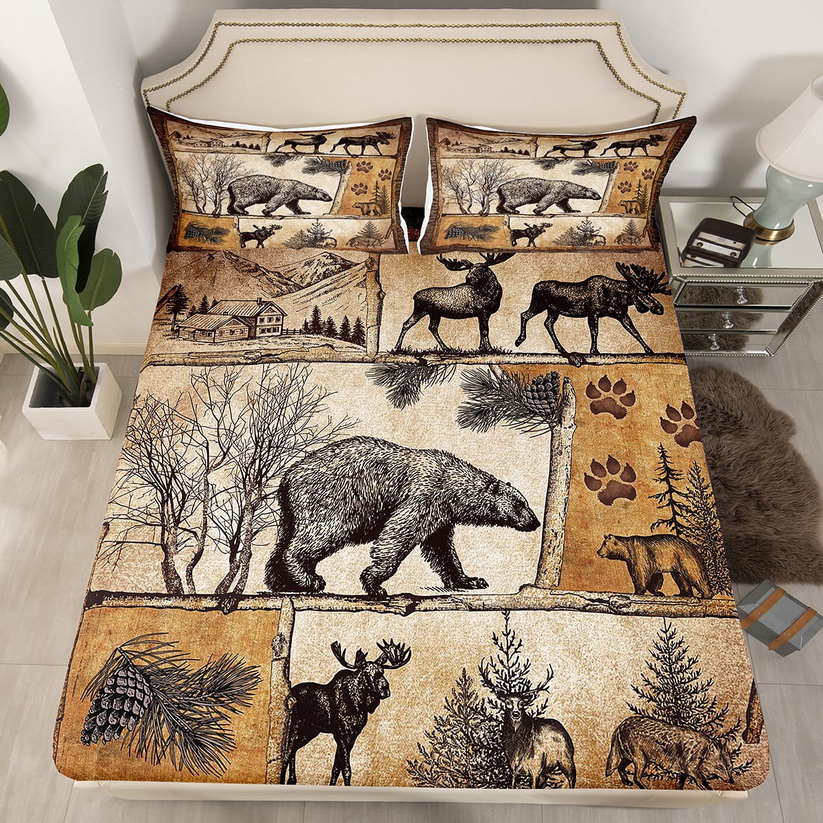 Lodge Cabin Fitted Sheet Woodland Animals Farmhouse Bed Sheets Twin ...