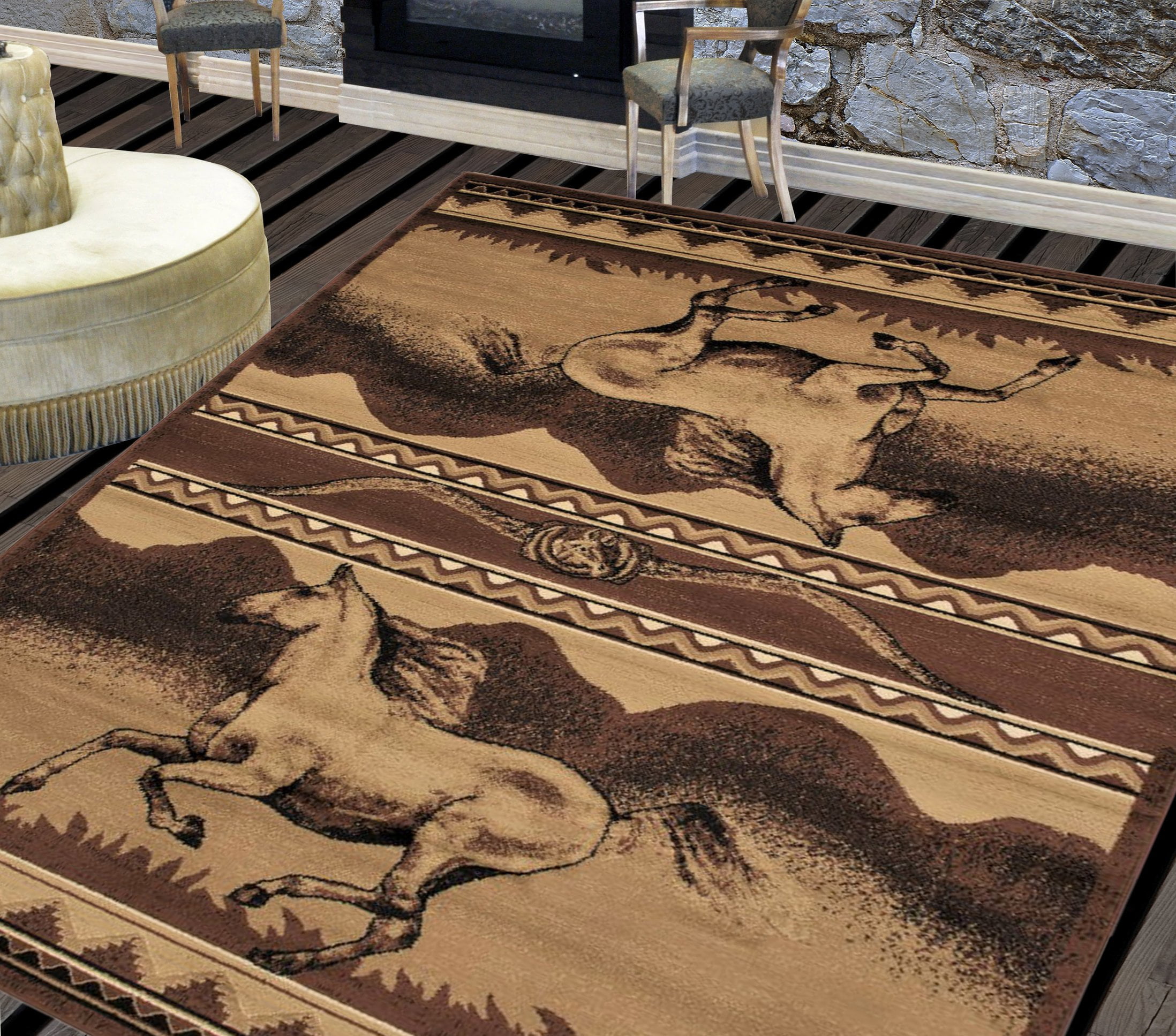 Lodge, Cabin Nature and Animals Area Rug - Stripped Pattern Cabin Area ...