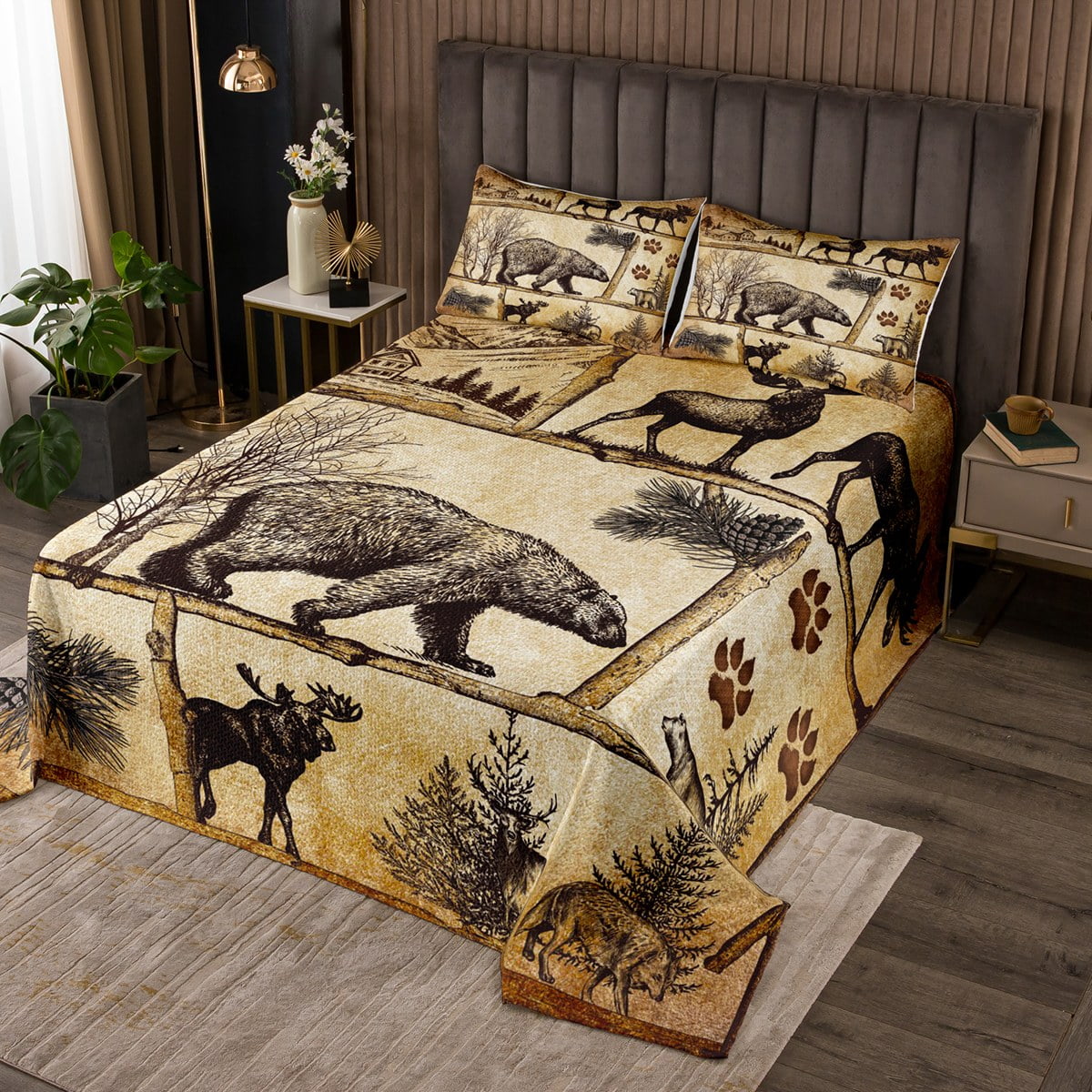 Lodge Cabin Quilt Set Woodland Animals Bedspread Set Queen,Bear Moose ...