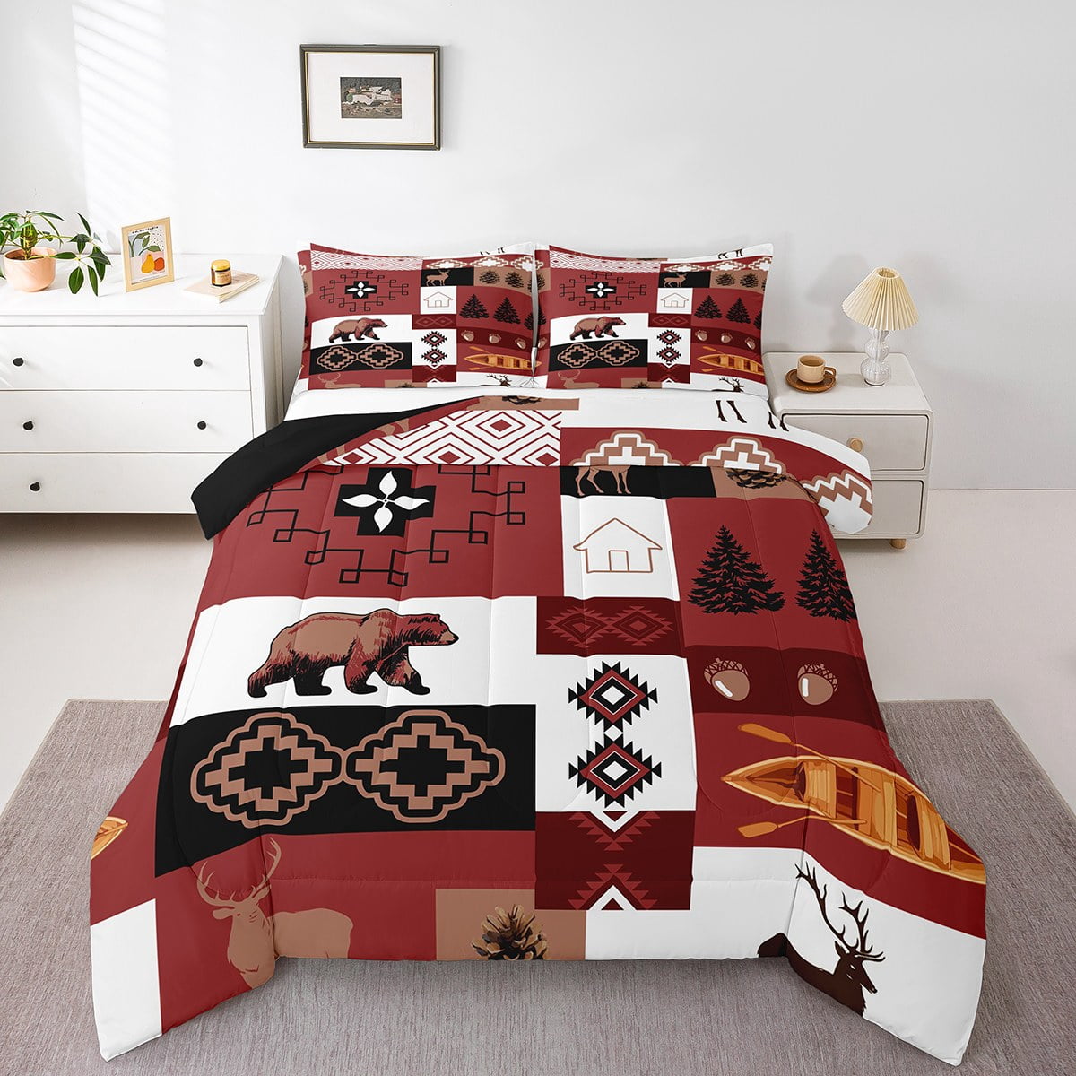 Lodge Comforter Set Queen Size,Bear Deer Moose Animal Jungle Hunting ...