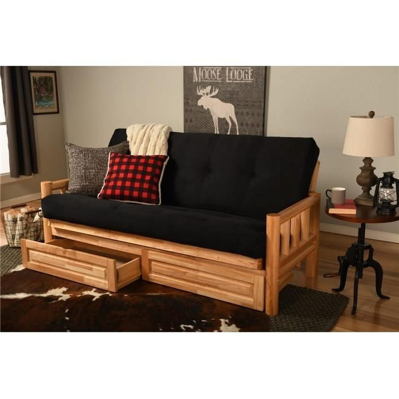 Lodge Natural Futon Frame with Suede Black Mattress & Storage Drawers ...