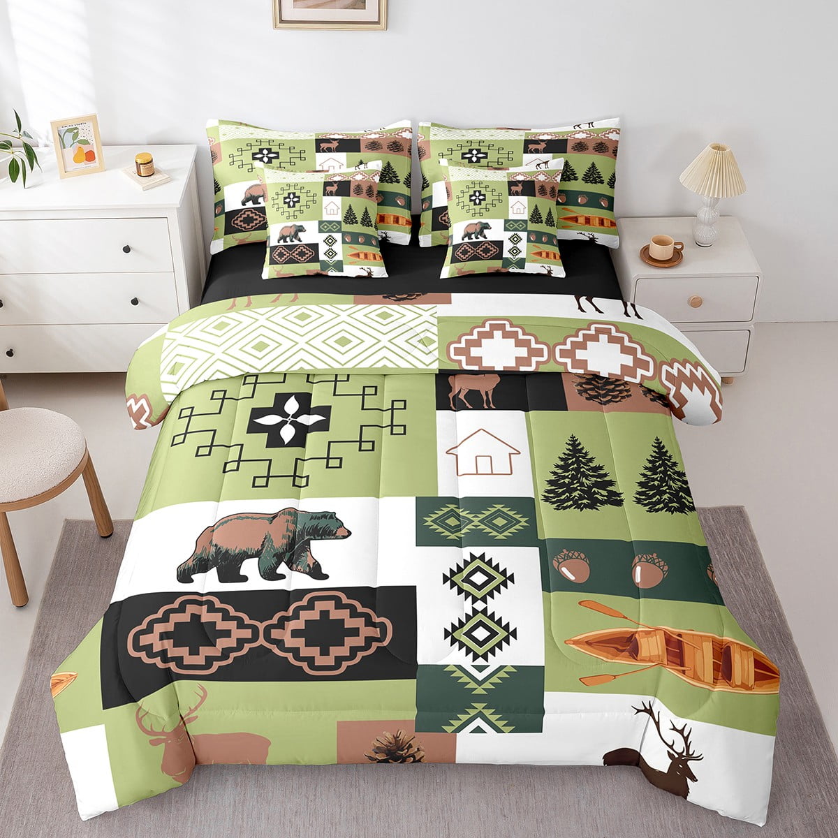 Lodge Twin Bedding Set 7 Pieces,Bear Deer Moose Animal Jungle Hunting ...