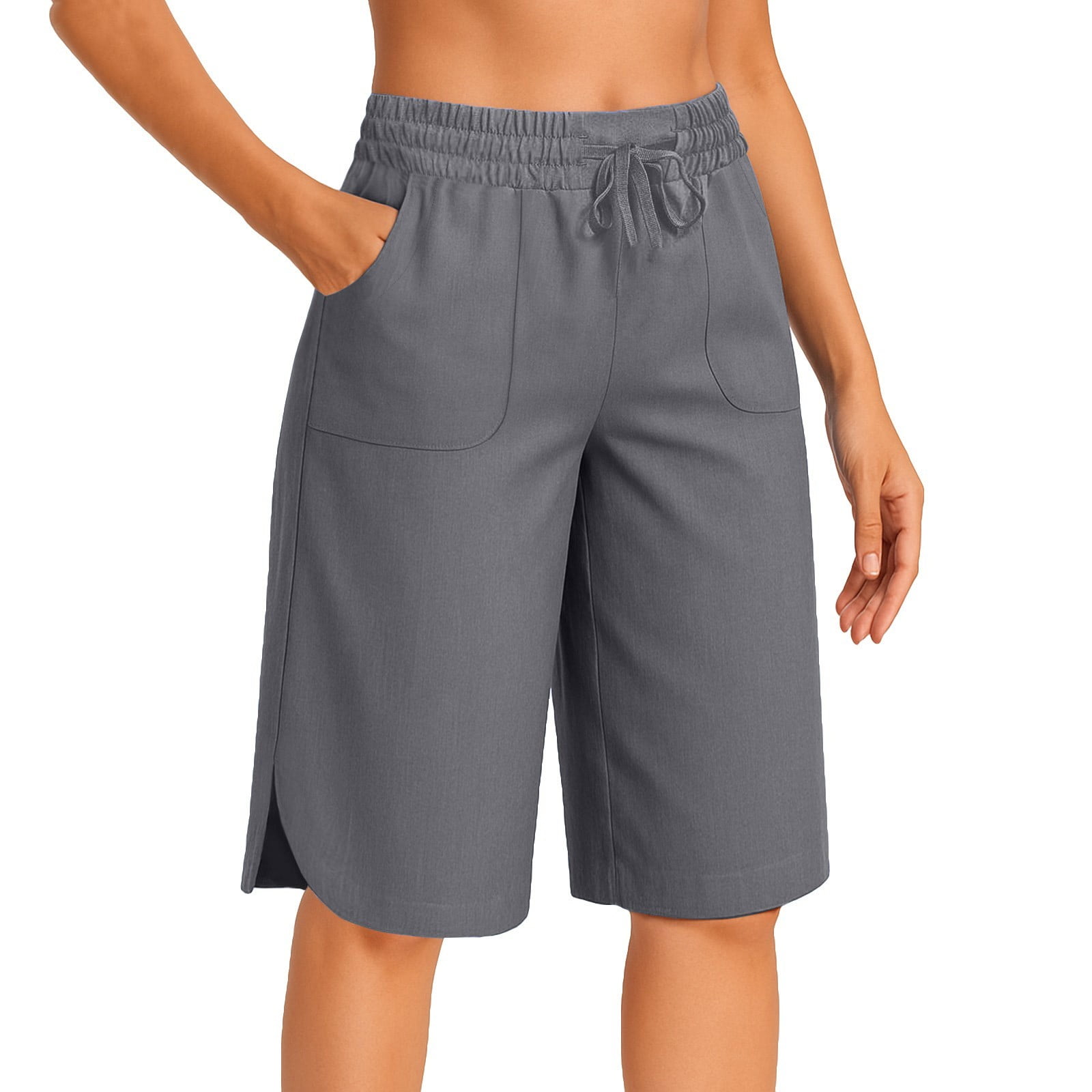 Lodgix Bermuda Shorts for Women Knee Length Elastic Waist Linen Beach Shorts Lightweight Side ...