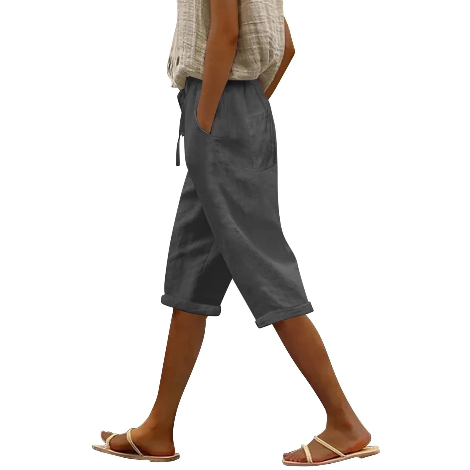 Lodgix Linen Capri Pants for Women Drawstring Wide Leg Trousers Summer ...