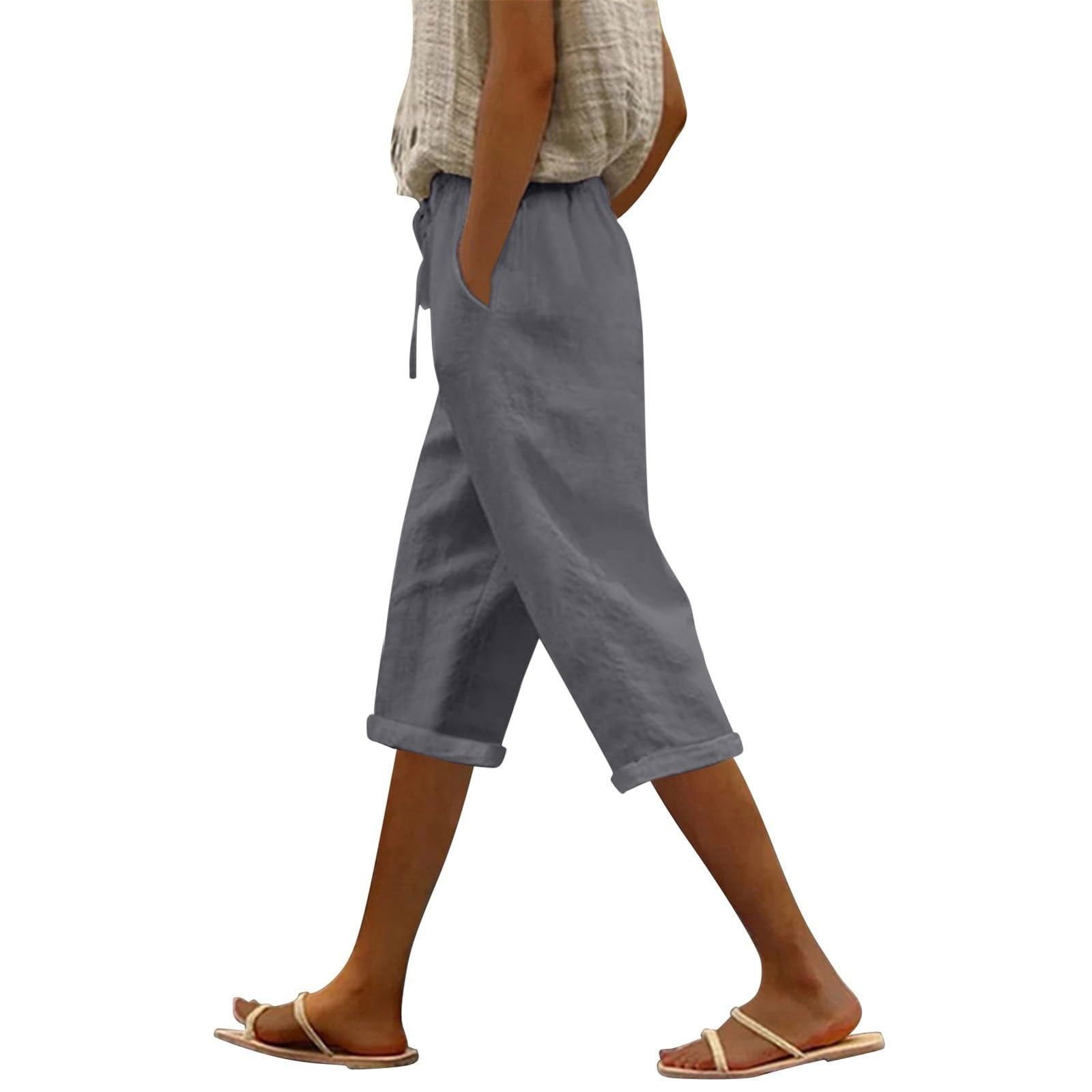 Lodgix Linen Capri Pants for Women Drawstring Wide Leg Trousers Summer ...