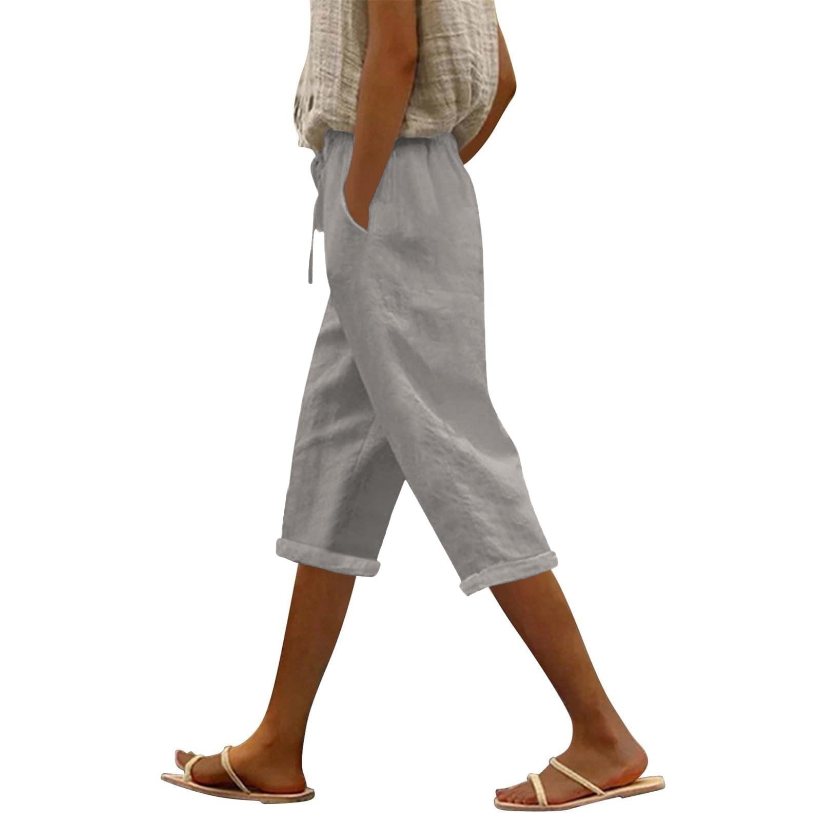 Lodgix Linen Capri Pants for Women Drawstring Wide Leg Trousers Summer ...