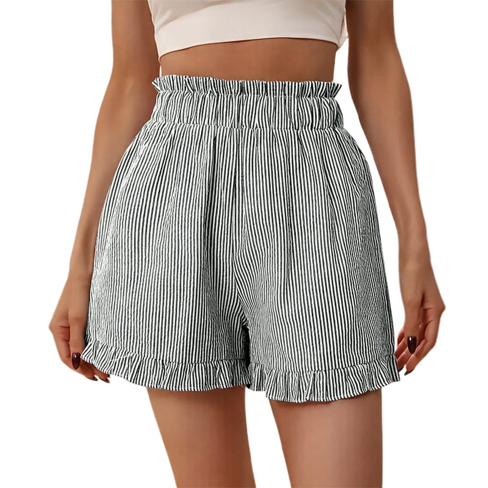 Lodgix Striped Linen Shorts for Women Y2K Ruffle Hem Elastic Waist ...