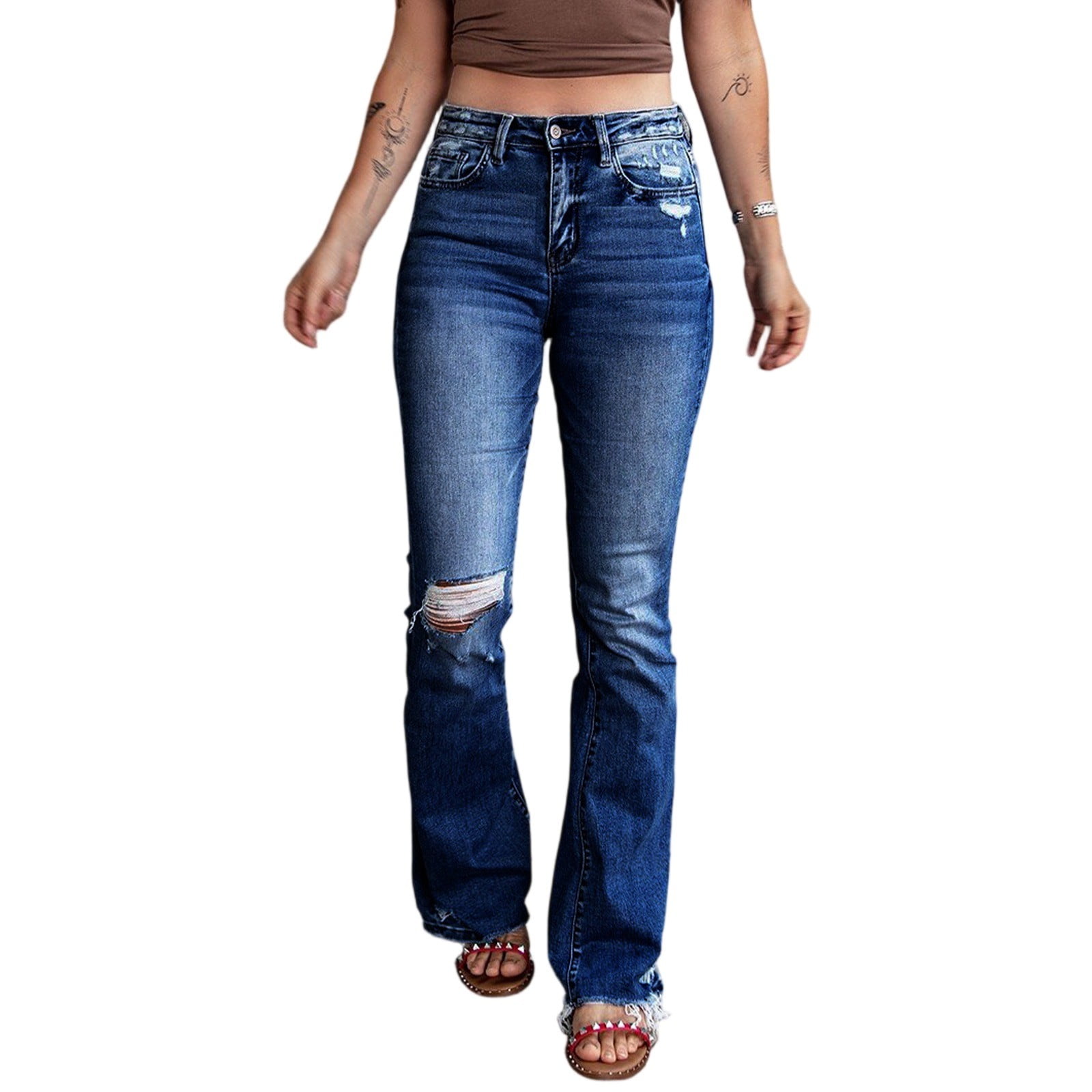 Lodgix Women's Bootcut Jeans Ripped Mid Rise Stretchy Tummy Control Cut ...