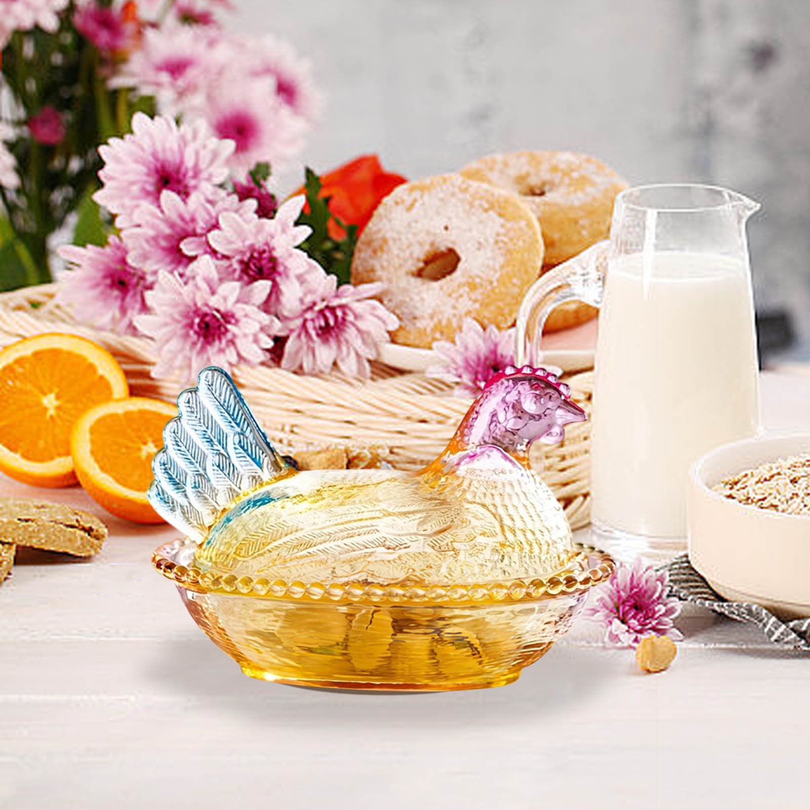 Loespoir Glass Chicken Candy Tray With Lid, Rural Candy Bowl With Lid ...