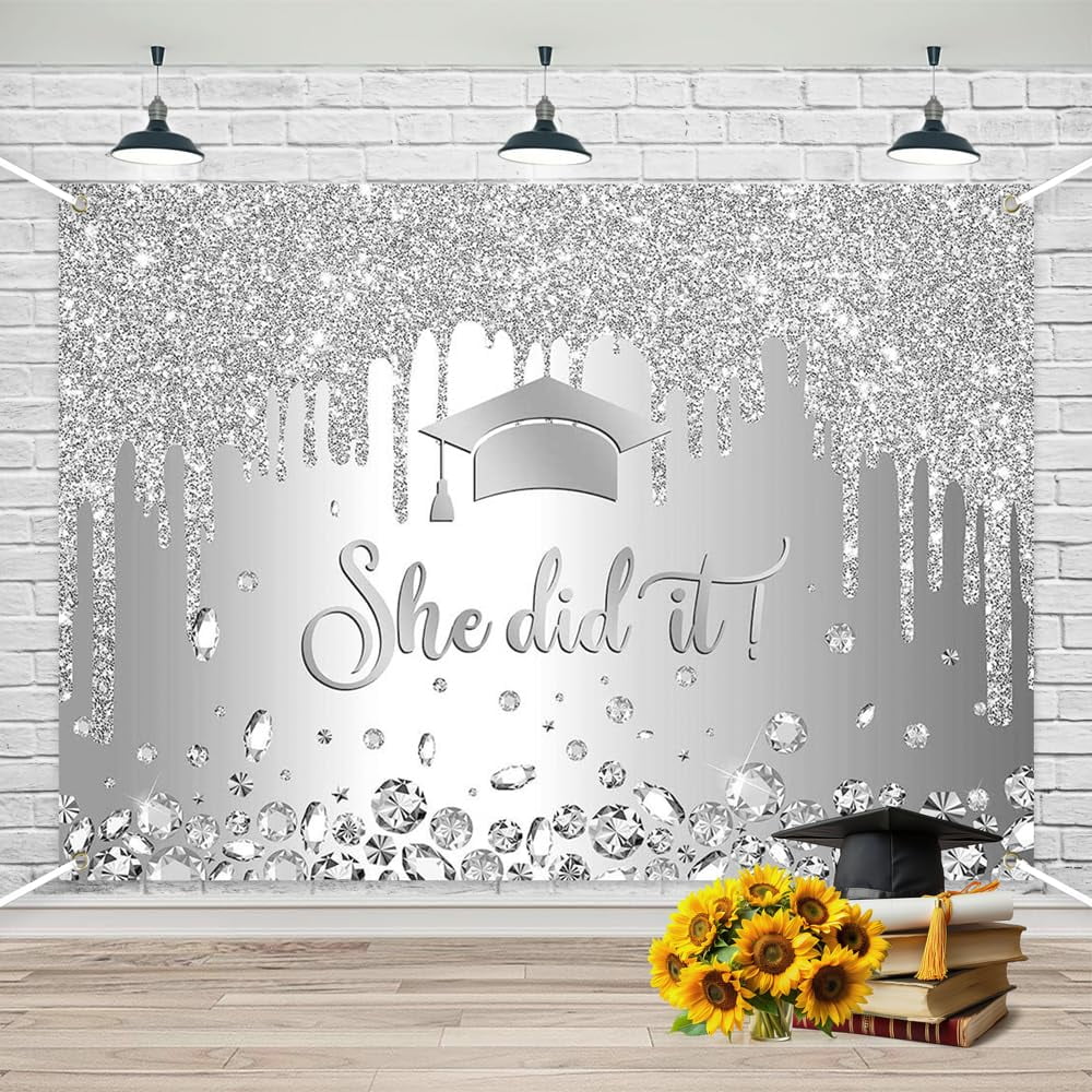 Lofaris Graduation Banner Backdrop - 2.1x1.5m Silver "She Did It ...