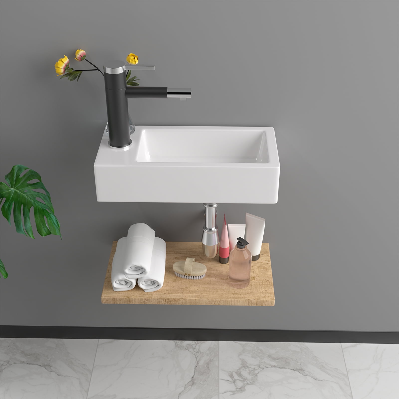 Lofeyo 15" Bathroom Sink Wall Mounted Fireclay Pure White Sink Left ...