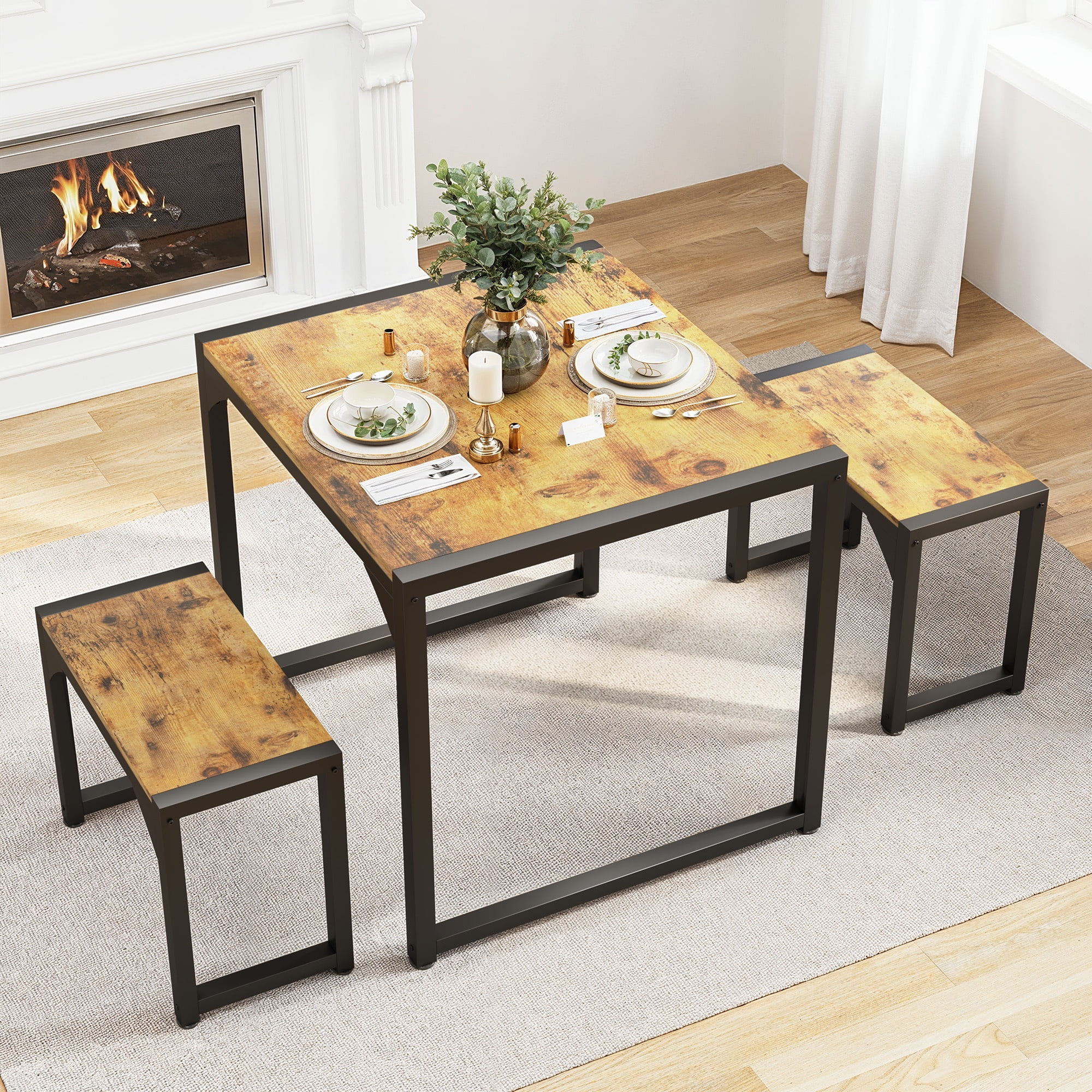 Lofka 3 Piece Brown Dining Set Table and 2 Benches Kitchen Breakfast ...