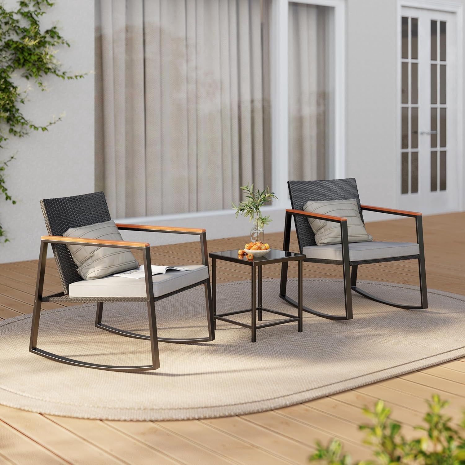 Lofka 3-Piece Rocking Bistro Set with Glass Table, Weatherproof ...