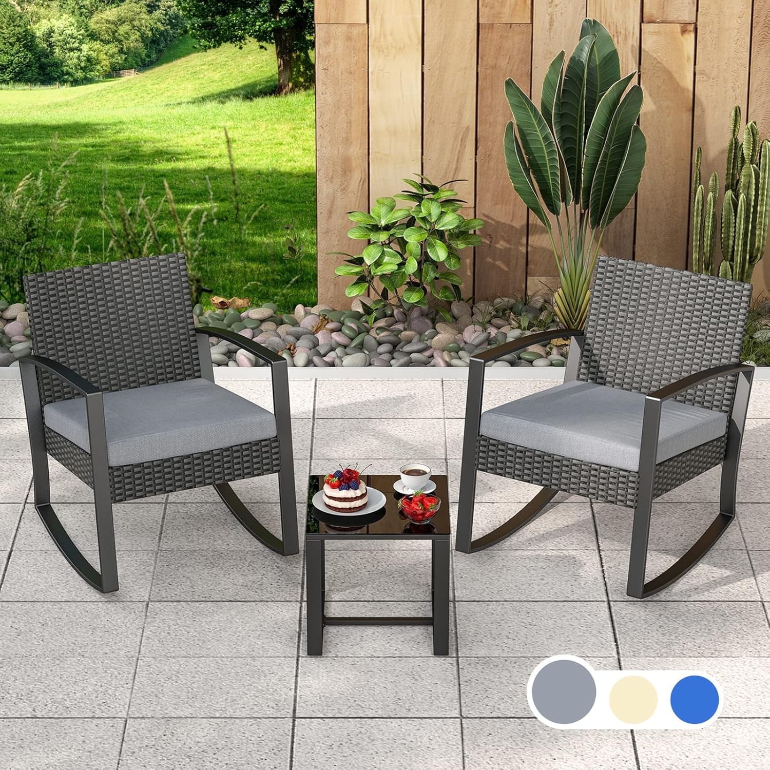 Lofka 3-Piece Patio Furniture Set,Outdoor Rocking Wicker Bistro Set ...