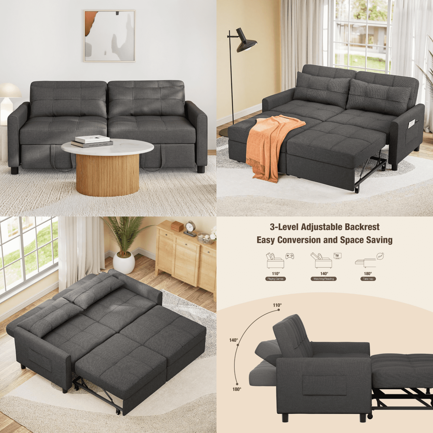 Lofka Convertible Sleeper Sofa Bed, Pull Out Couch with Adjustable ...