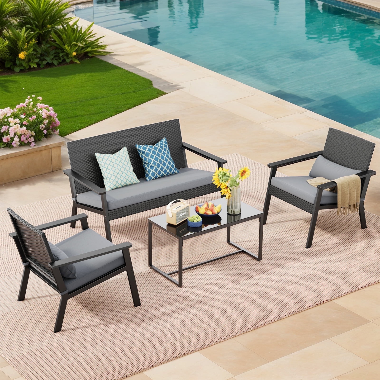 Lofka 4 Pieces Patio Furniture Set, PE Rattan Modern Conversation Set ...