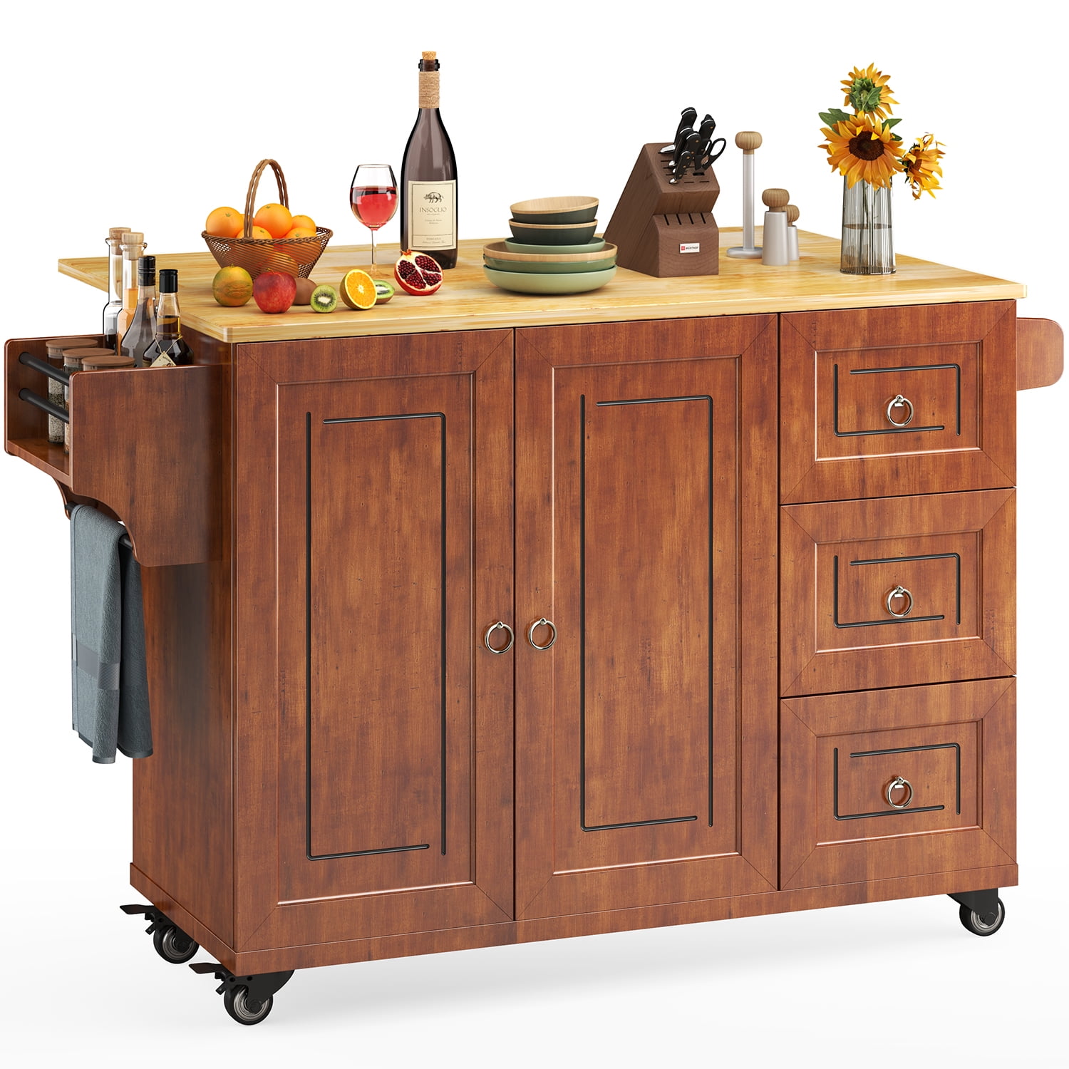 "Lofka Portable 42"" Brown Kitchen Island Cart, Assembled, Storage on ...