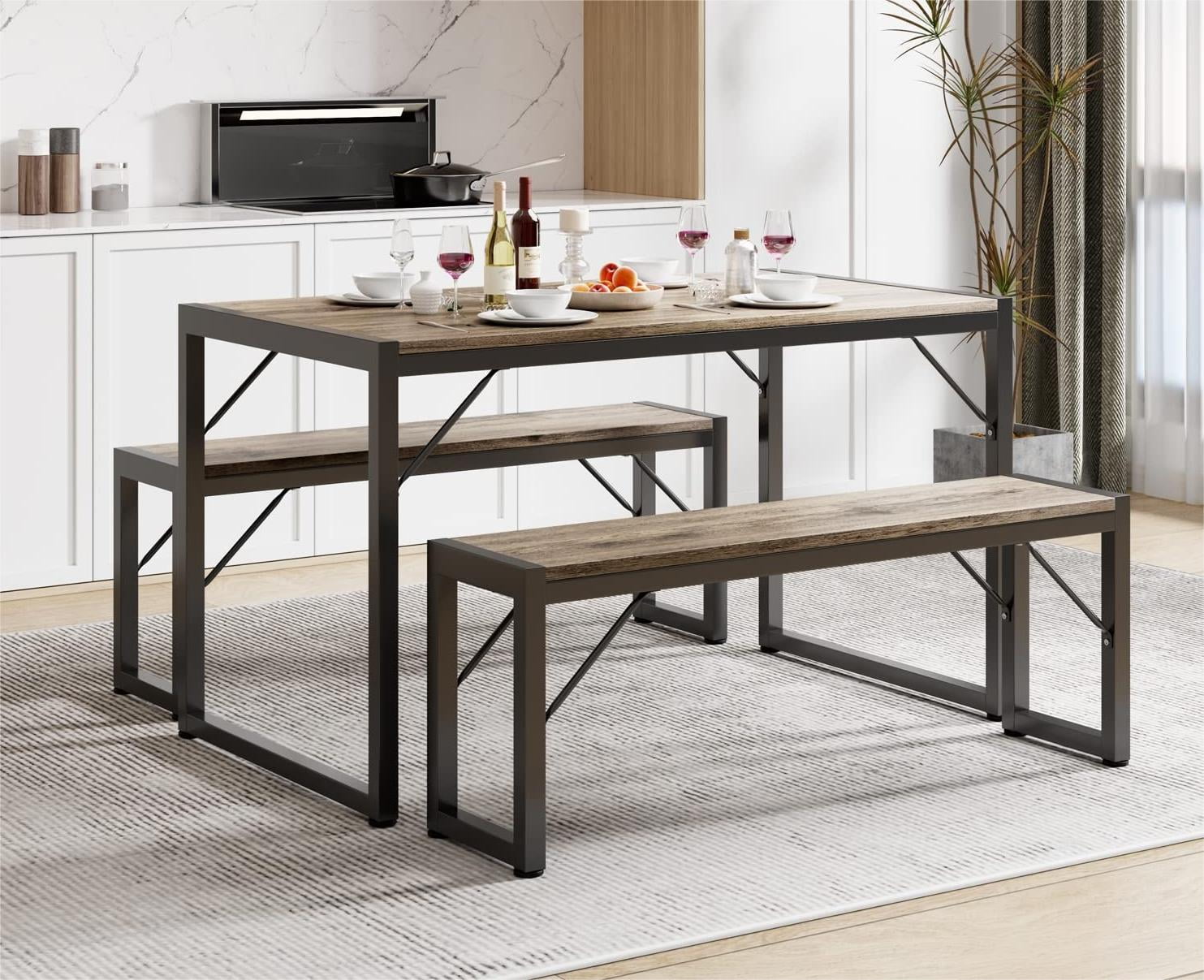 Lofka 3-Piece Kitchen Table Set, Dining Table with Benches, Gray, Space ...
