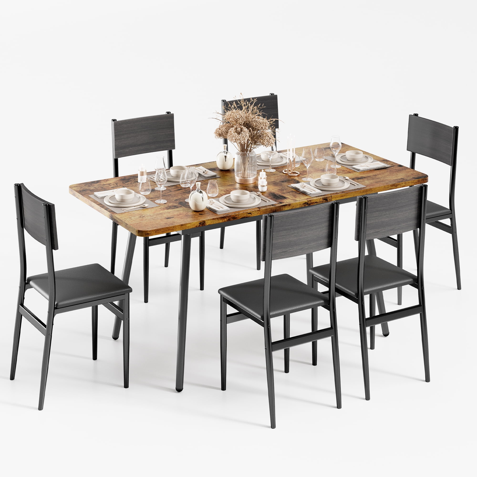 Lofka 63" Dining Table Set for 6 Extendable Kitchen Table Set with 6 ...
